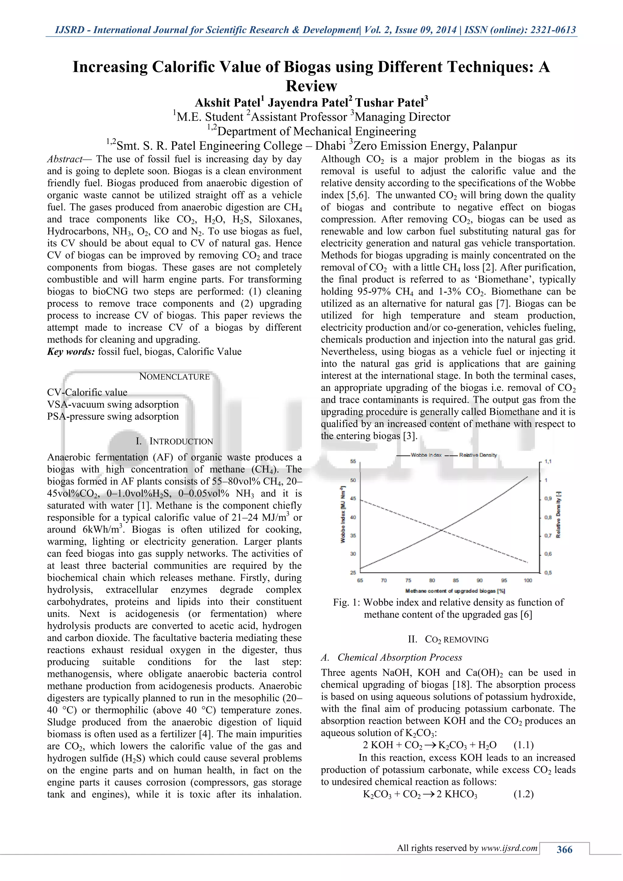 Increasing Calorific Value of Biogas using Different Techniques: A ...