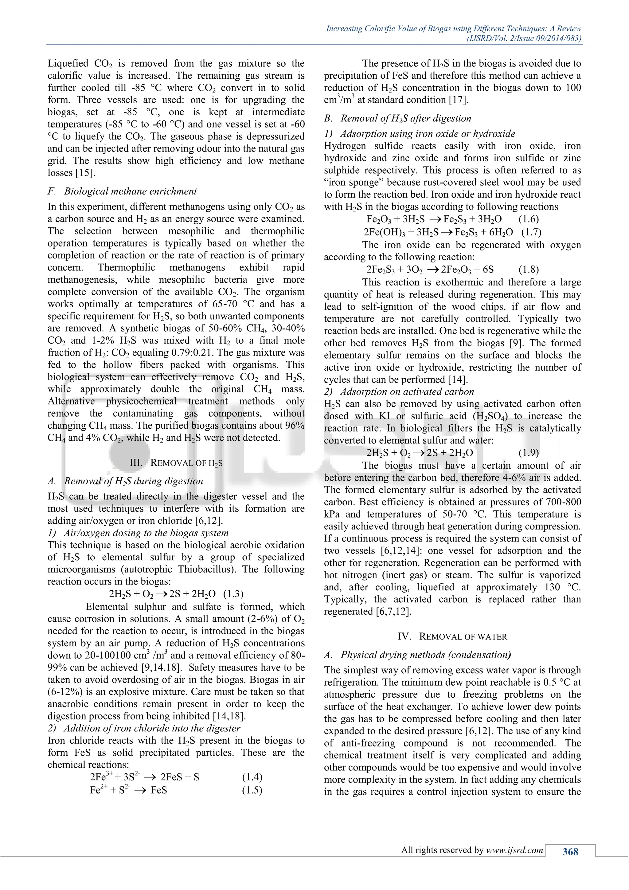 Increasing Calorific Value of Biogas using Different Techniques: A ...