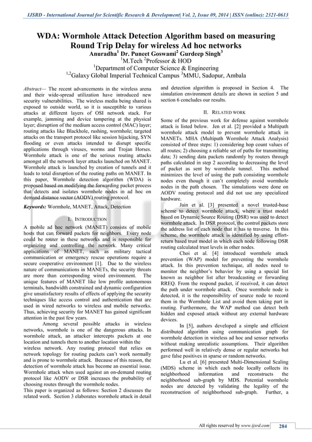 Wda Wormhole Attack Detection Algorithm Based On Measuring Round Trip