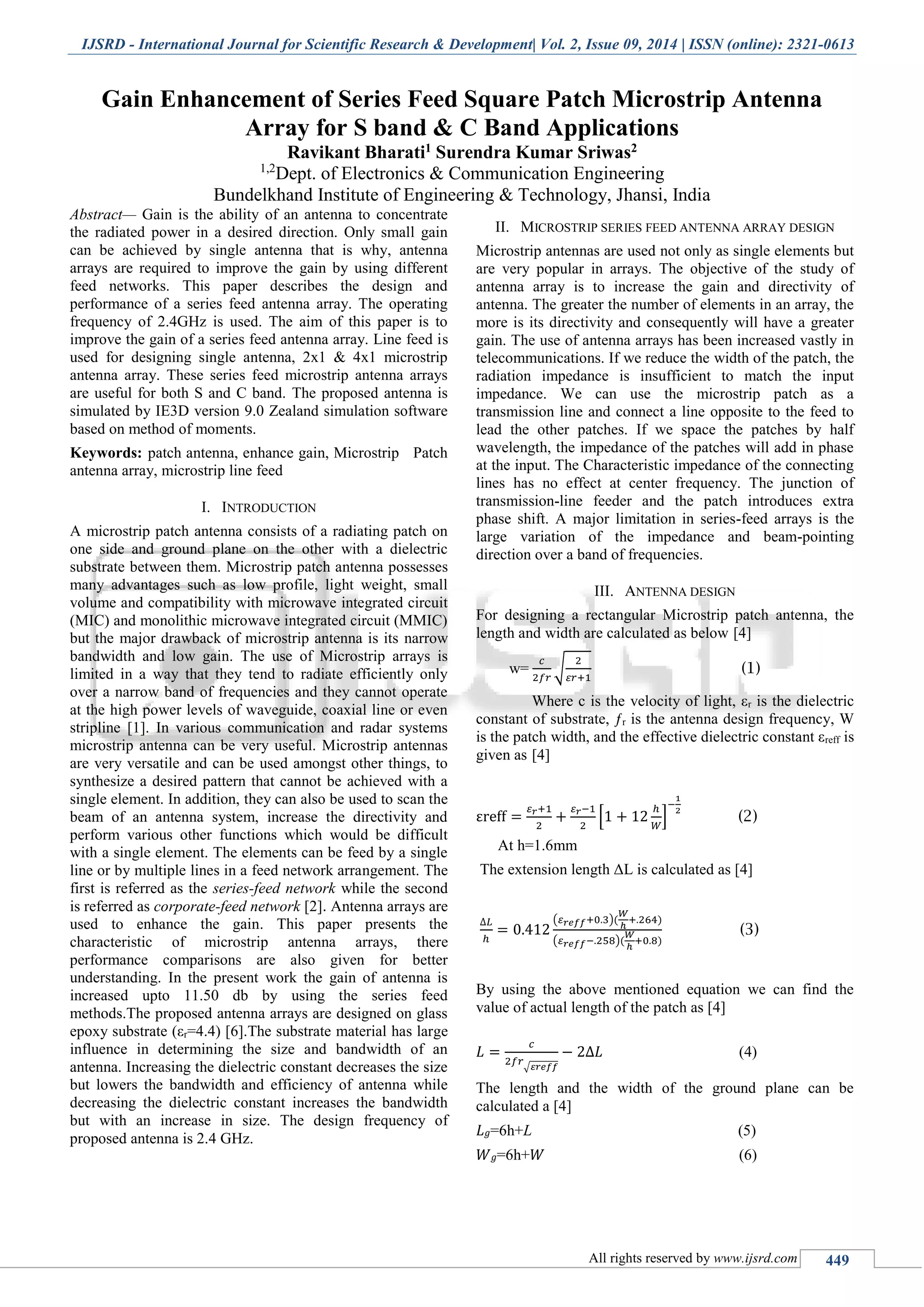 Gain Enhancement of Series Feed Square Patch Microstrip Antenna Array for S band & C Band ...