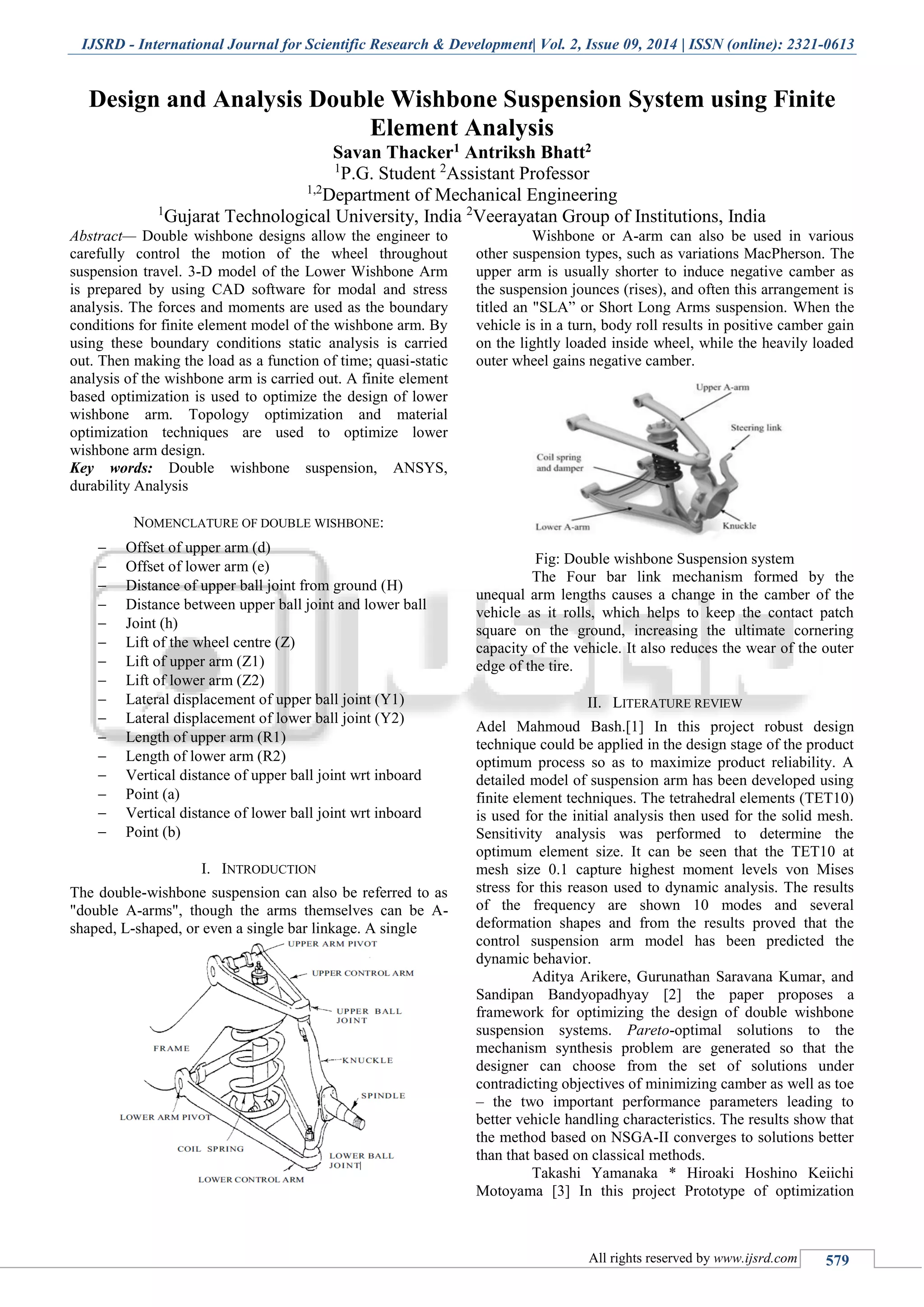 DESIGN AND ANALYSIS OF DOUBLE WISHBONE SUSPENSION SYSTEM USING FINITE ...