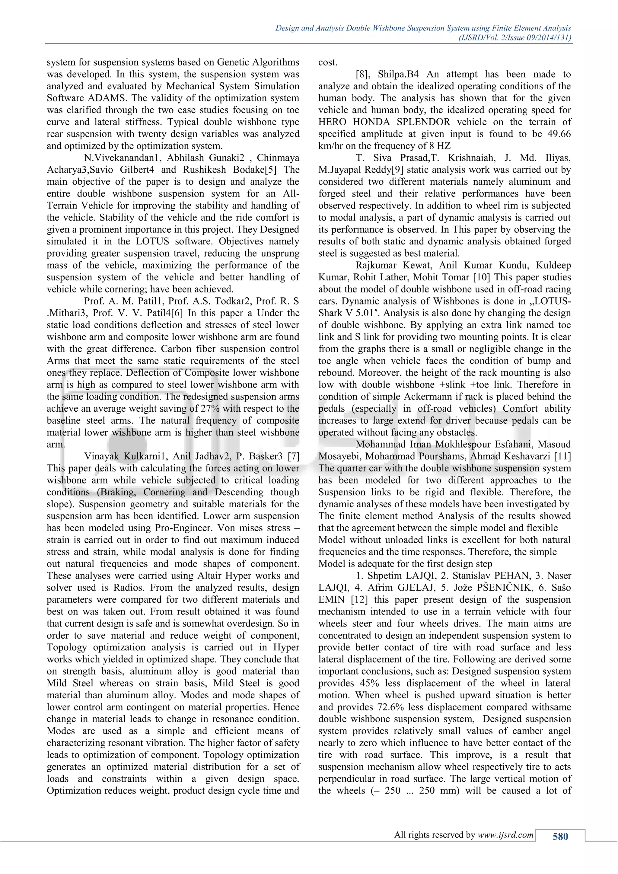DESIGN AND ANALYSIS OF DOUBLE WISHBONE SUSPENSION SYSTEM USING FINITE ...