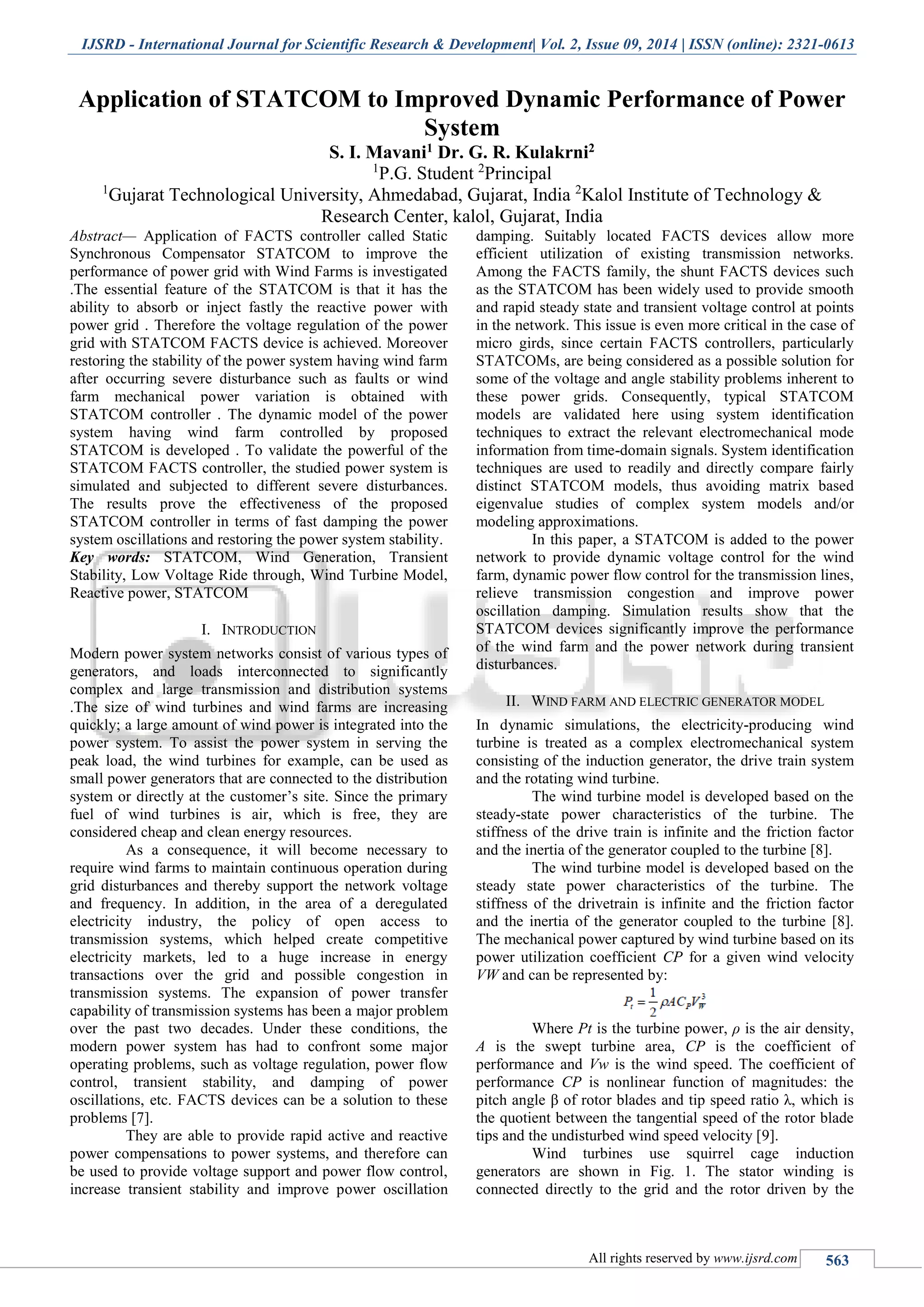 APPLICATION OF STATCOM to IMPROVED DYNAMIC PERFORMANCE OF POWER SYSTEM | PDF