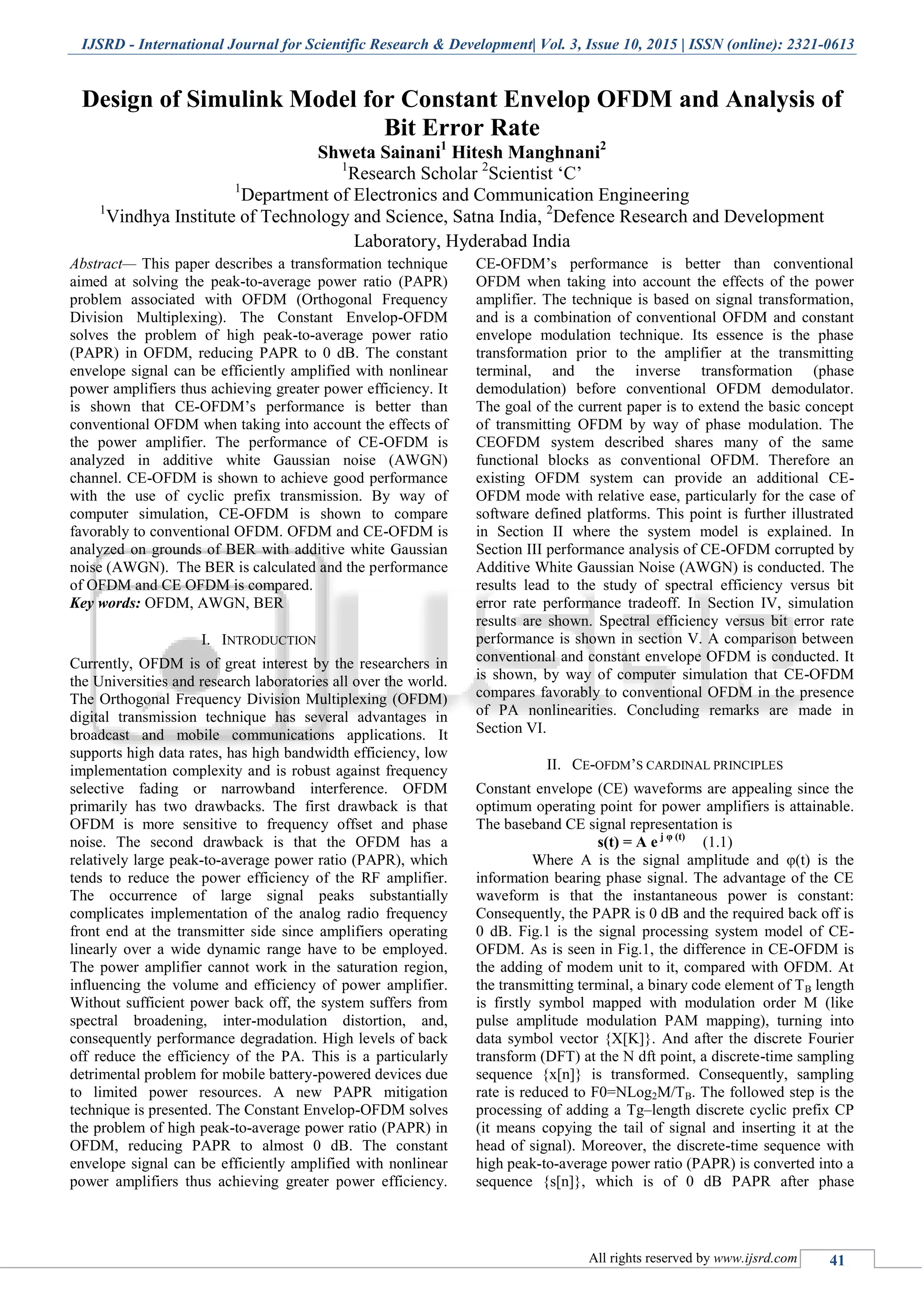 Design of Simulink Model for Constant Envelop OFDM & Analysis of Bit ...