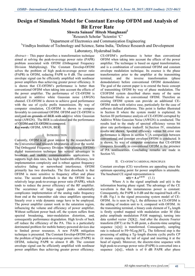 Design of Simulink Model for Constant Envelop OFDM & Analysis of Bit Error Rate | PDF
