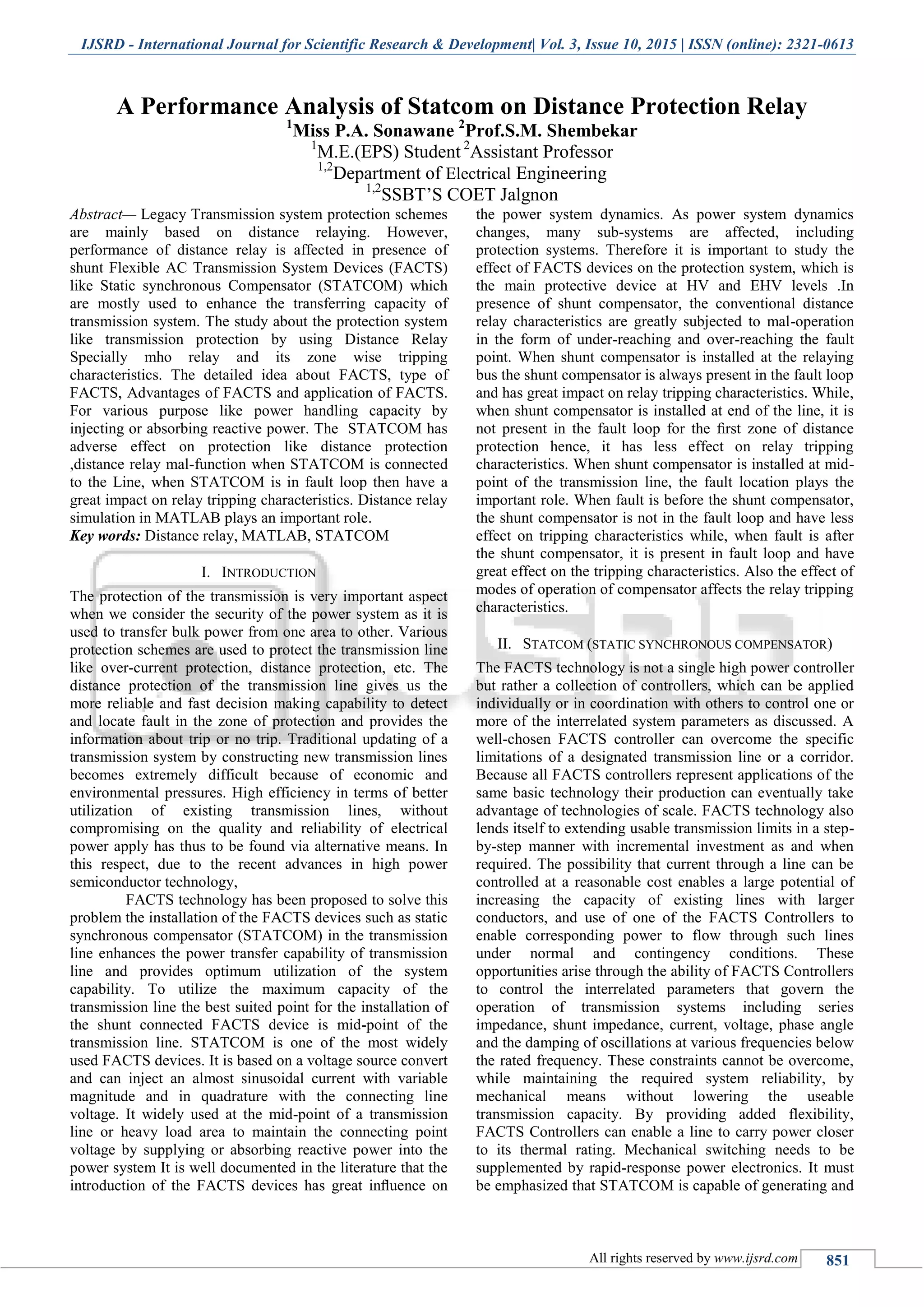 A Performance Analysis of Statcom on Distance Protection Relay | PDF