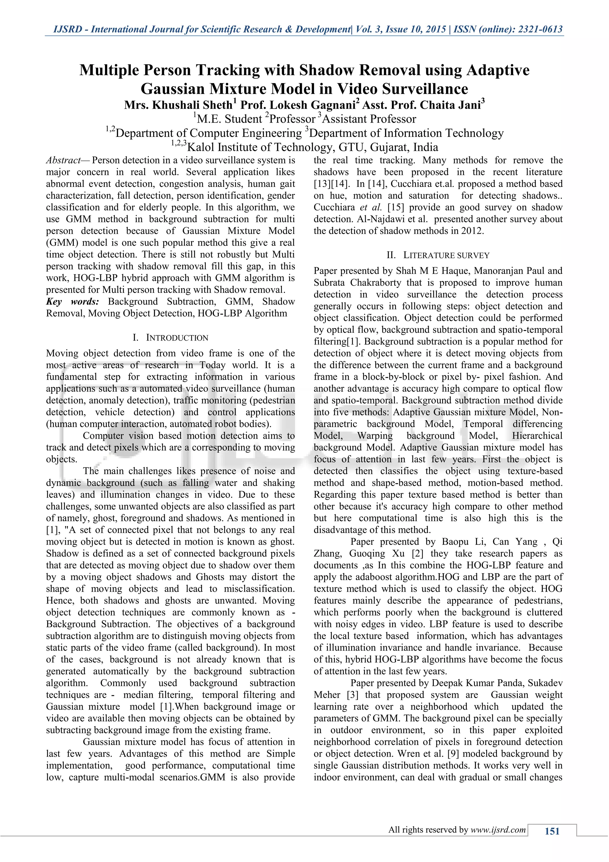 Multiple Person Tracking with Shadow Removal Using Adaptive Gaussian Mixture Model in Video ...