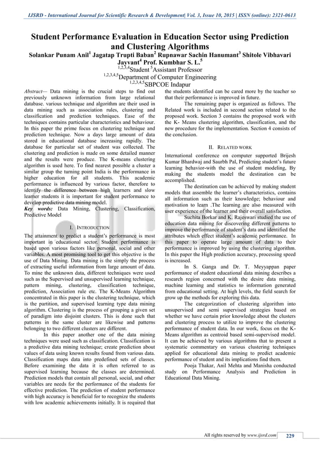 Student Performance Evaluation in Education Sector Using Prediction and Clustering Algorithms | PDF