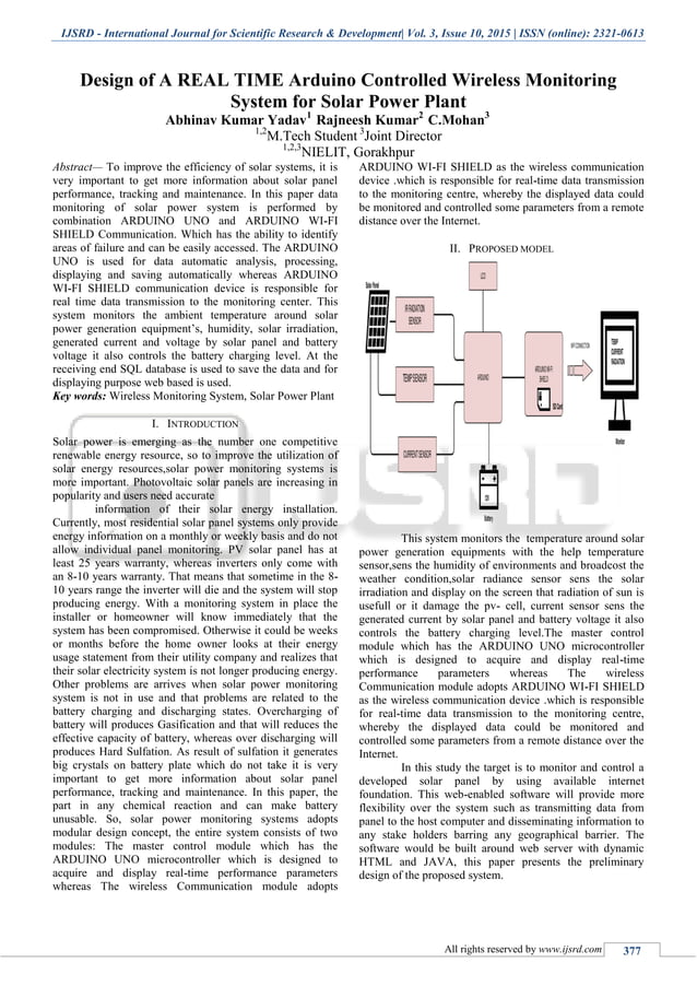 Design Of A Real Time Arduino Controlled Wireless Monitoring System For Solar Power Plant Pdf