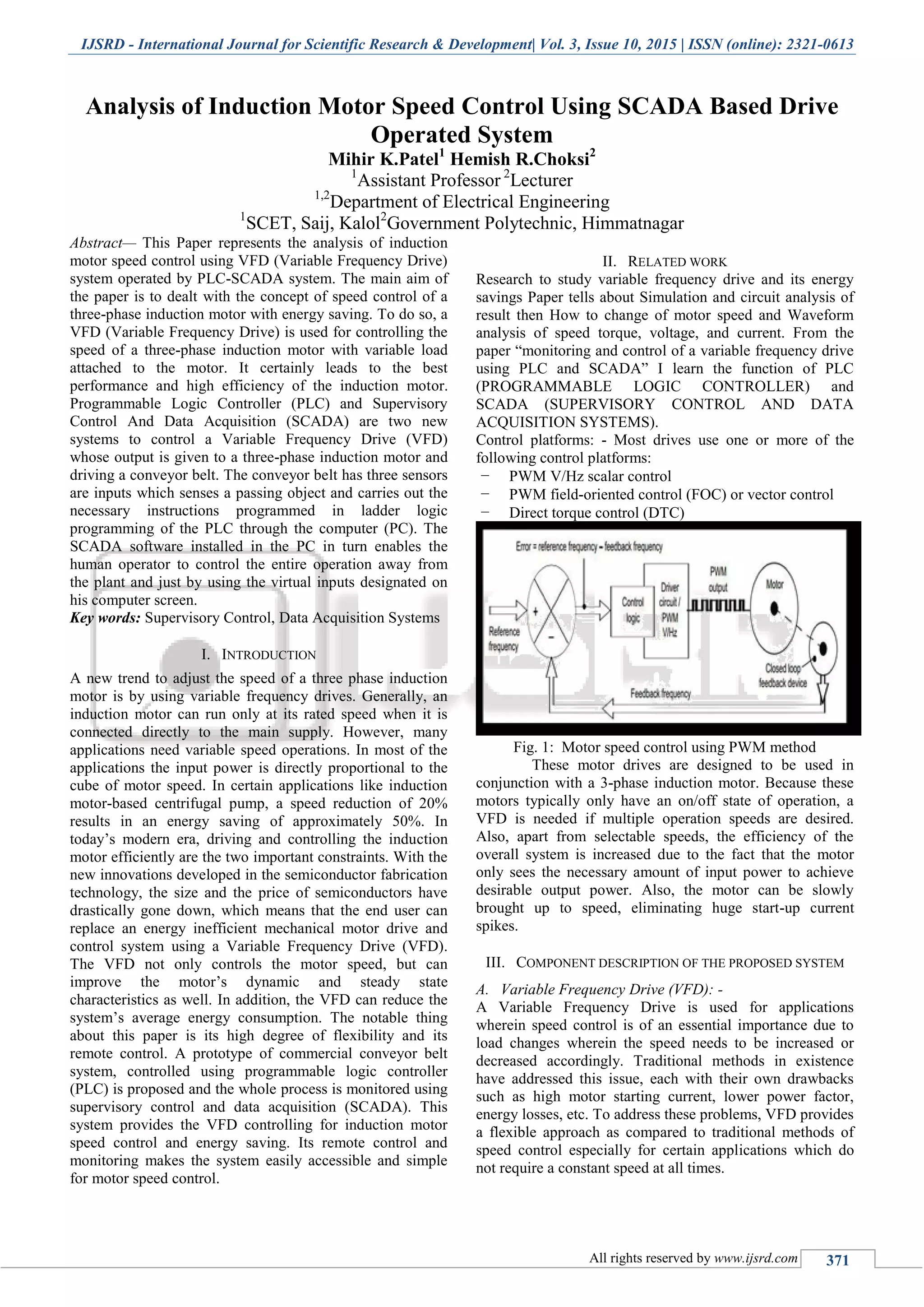 Analysis of Induction Motor Speed Control Using SCADA Based Drive Operated System | PDF