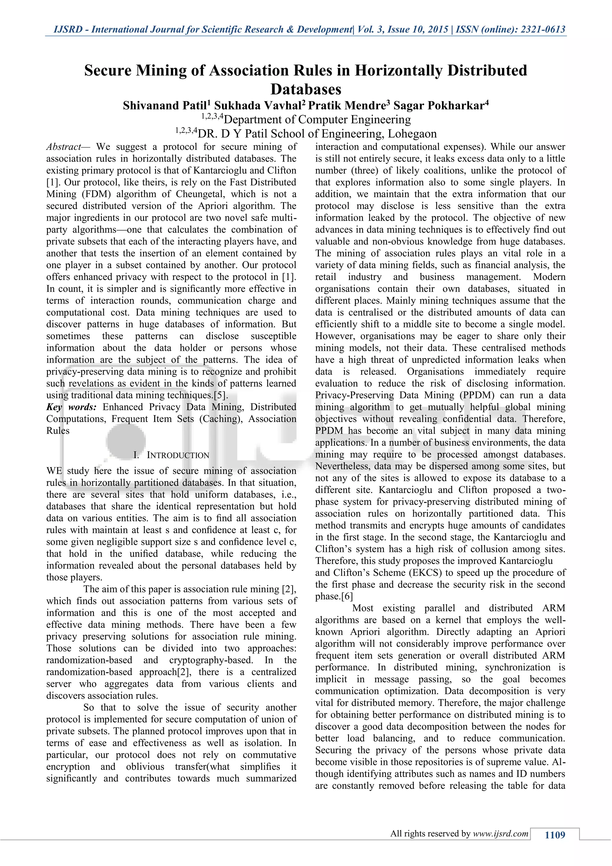 Secure Mining of Association Rules in Horizontally Distributed Databases | PDF