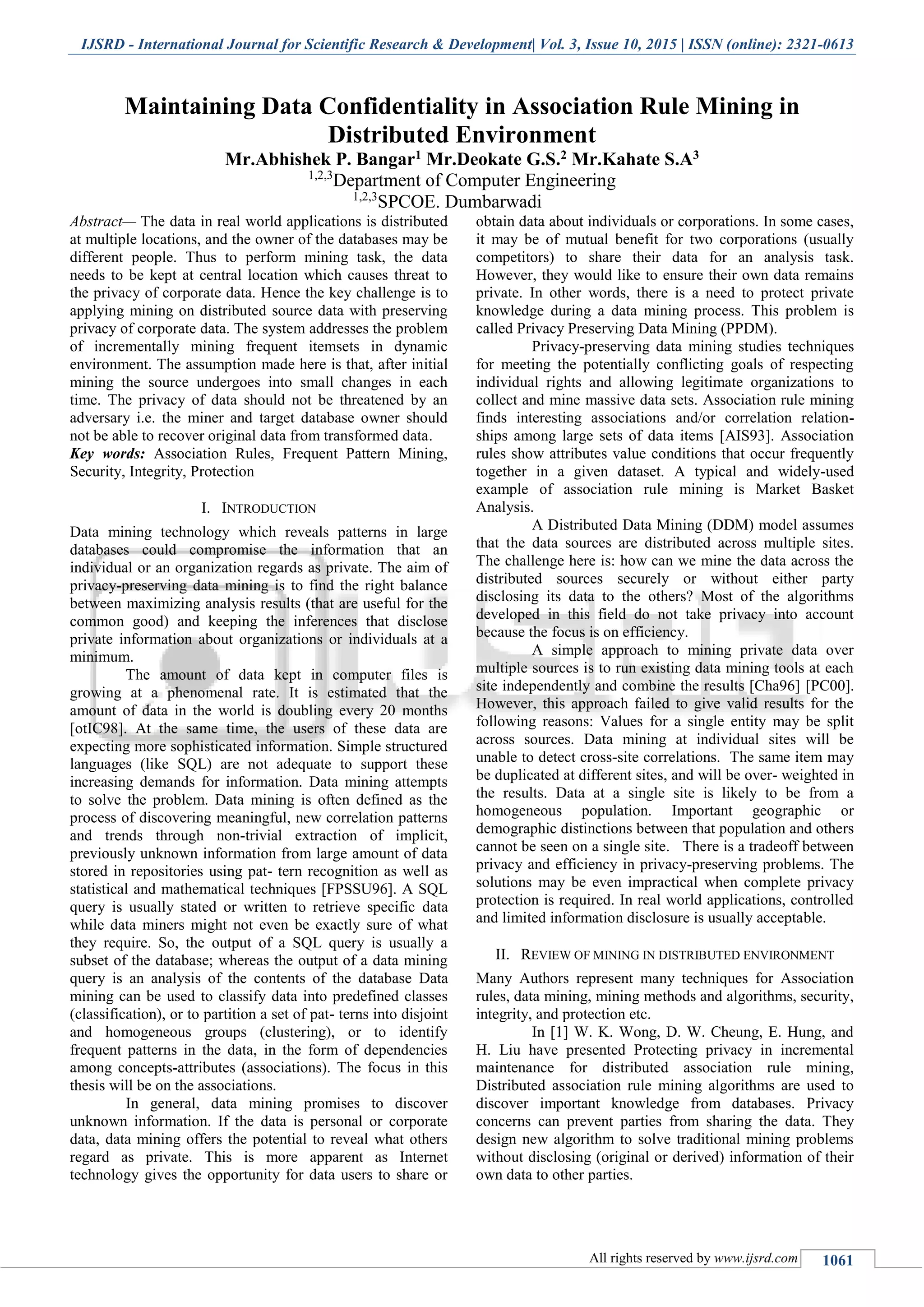 Maintaining Data Confidentiality In Association Rule Mining In Distributed Environment Pdf