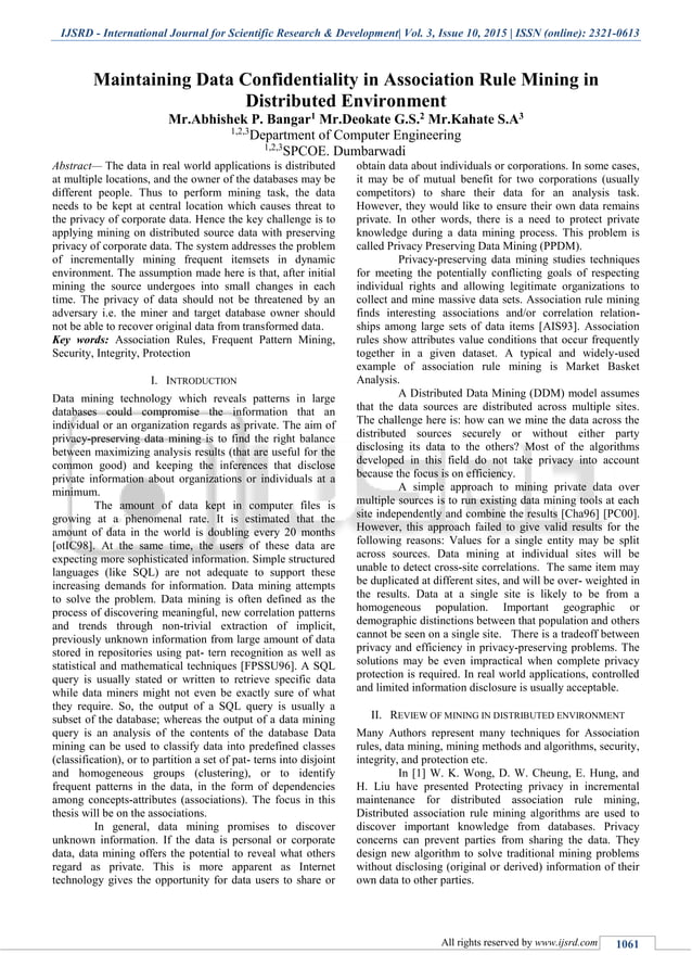 Maintaining Data Confidentiality in Association Rule Mining in Distributed Environment | PDF