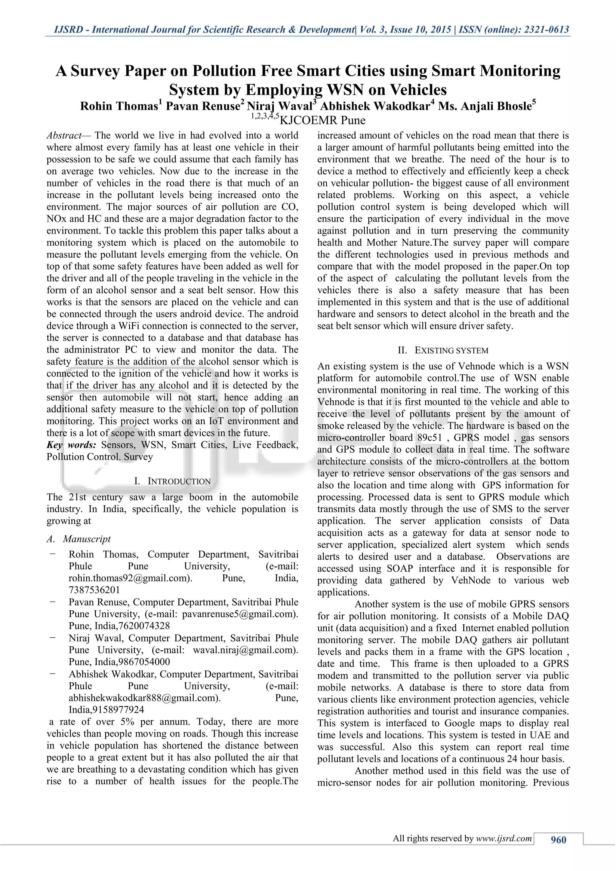 A survey paper on Pollution Free Smart Cities using Smart Monitoring ...