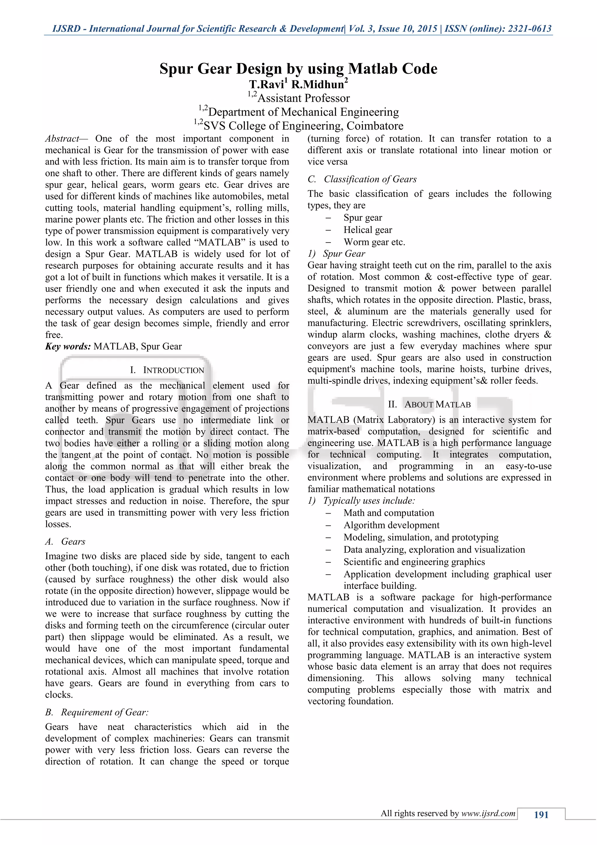Spur Gear Design by Using MATLAB Code | PDF