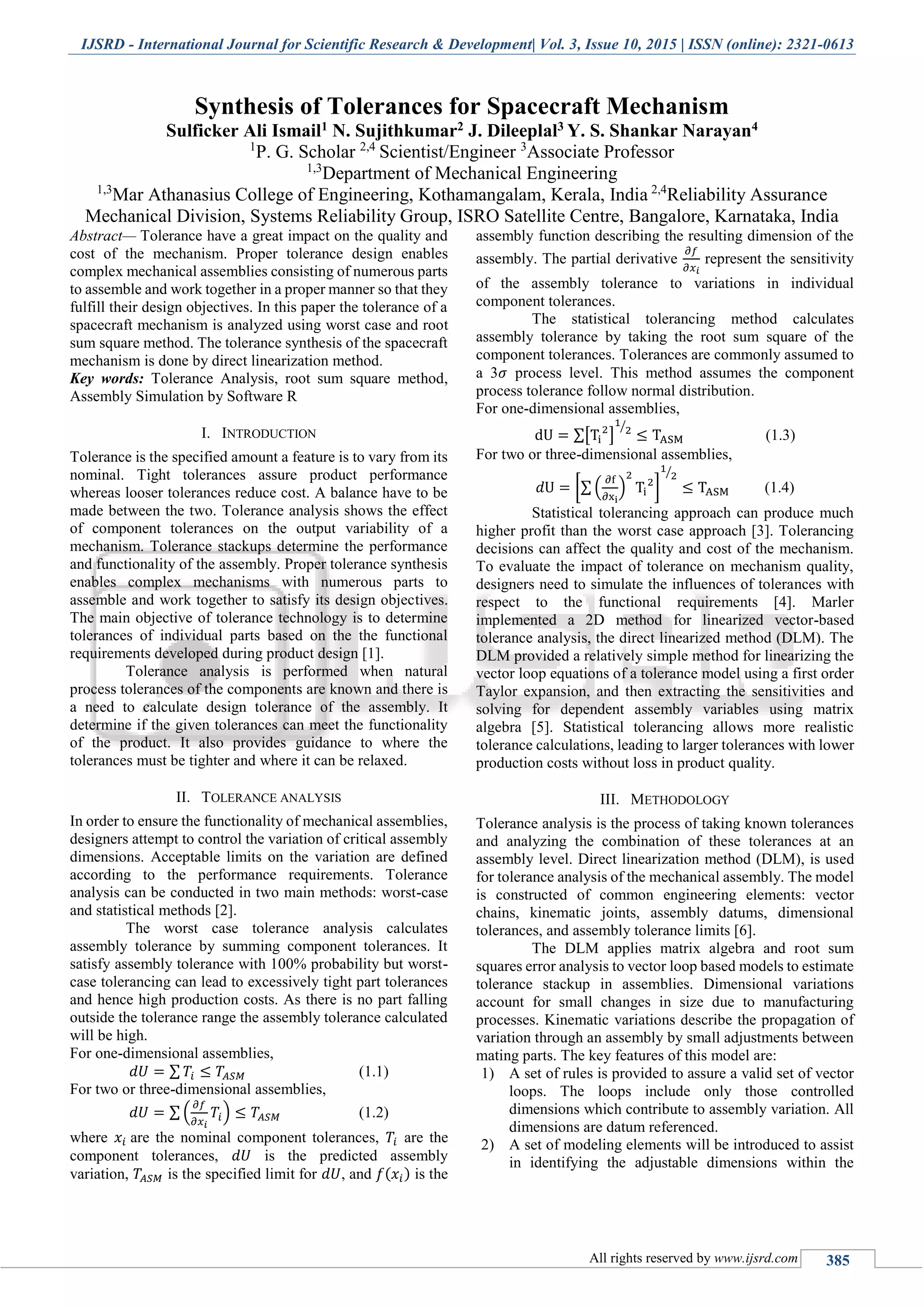 Synthesis of Tolerances for Spacecraft Mechanism | PDF