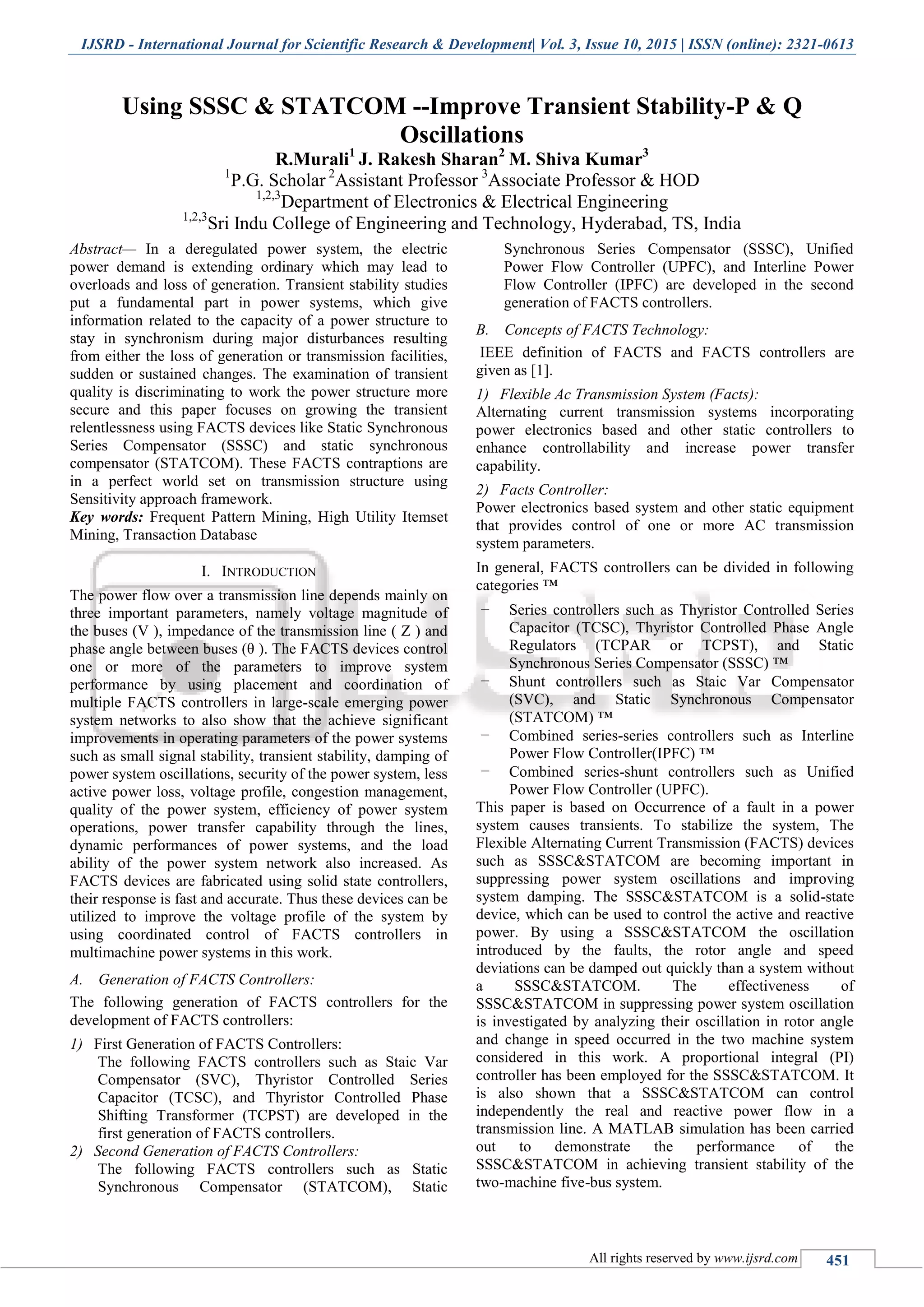 USING SSSC & STATCOM --IMPROVE TRANSIENT STABILITY--P & Q OSICALLATIONS | PDF | Computer ...