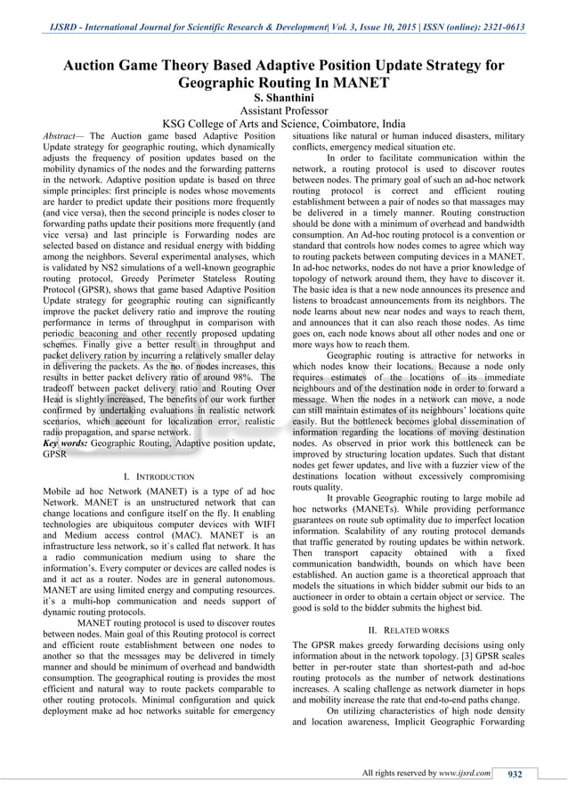 Auction Game Theory Based Adaptive Position Update Strategy for Geographic Routing in MANET ...