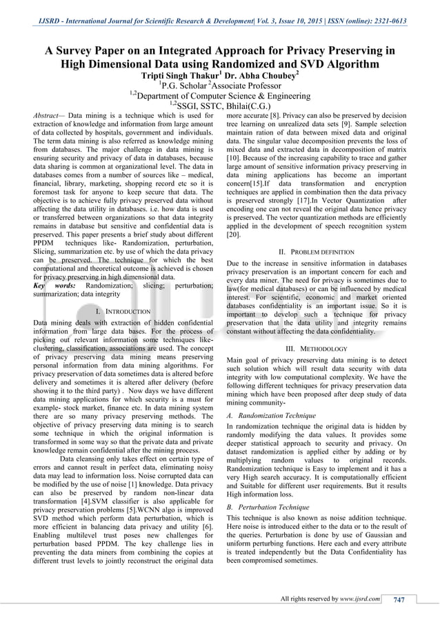 A Survey Paper on an Integrated Approach for Privacy Preserving In High Dimensional Data Using ...
