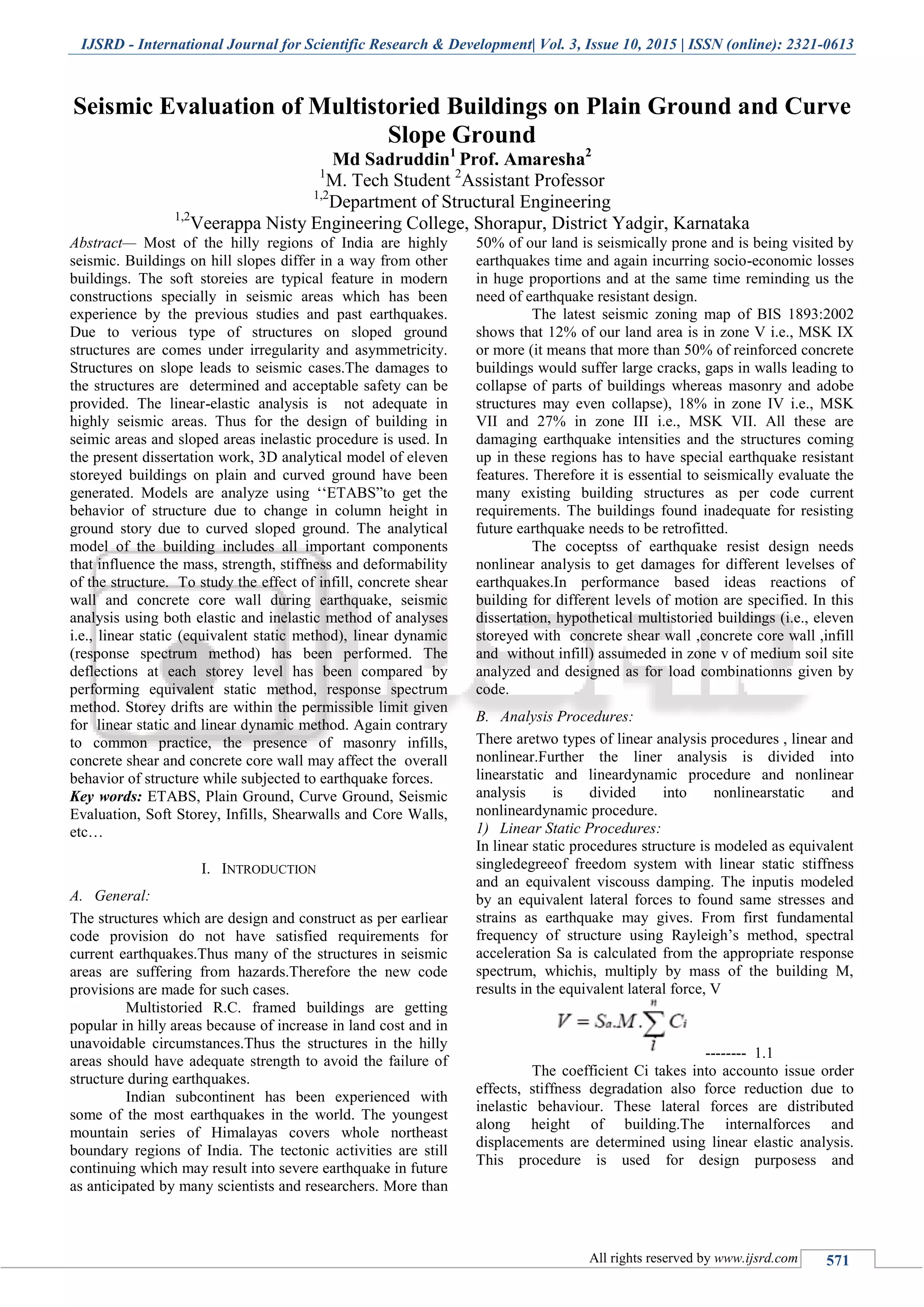 Seismic Evaluation of Multi-storeyed Buildings On Plain Ground And ...