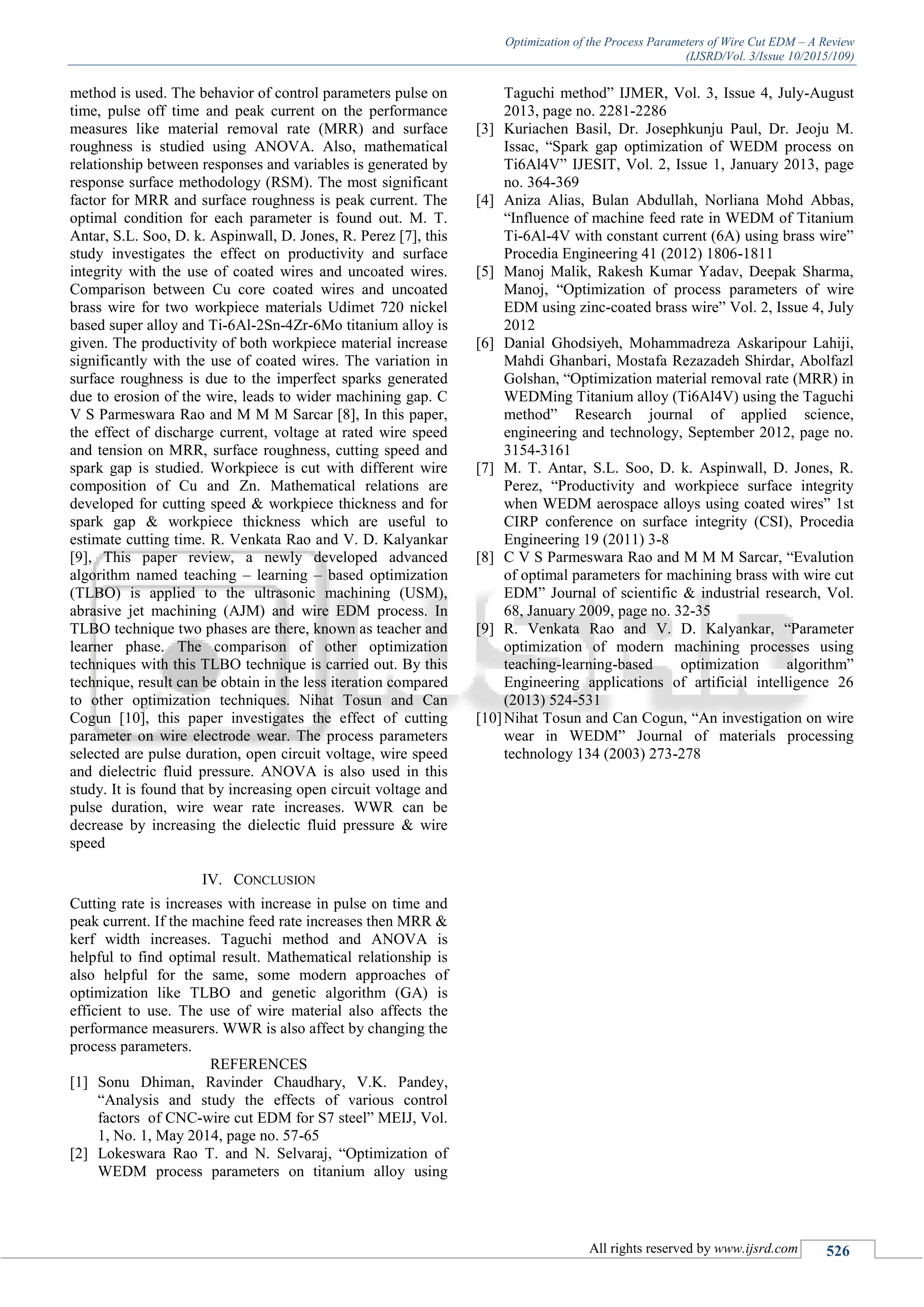Optimization Of The Process Parameters Of Wire Cut Edm A Review Pdf