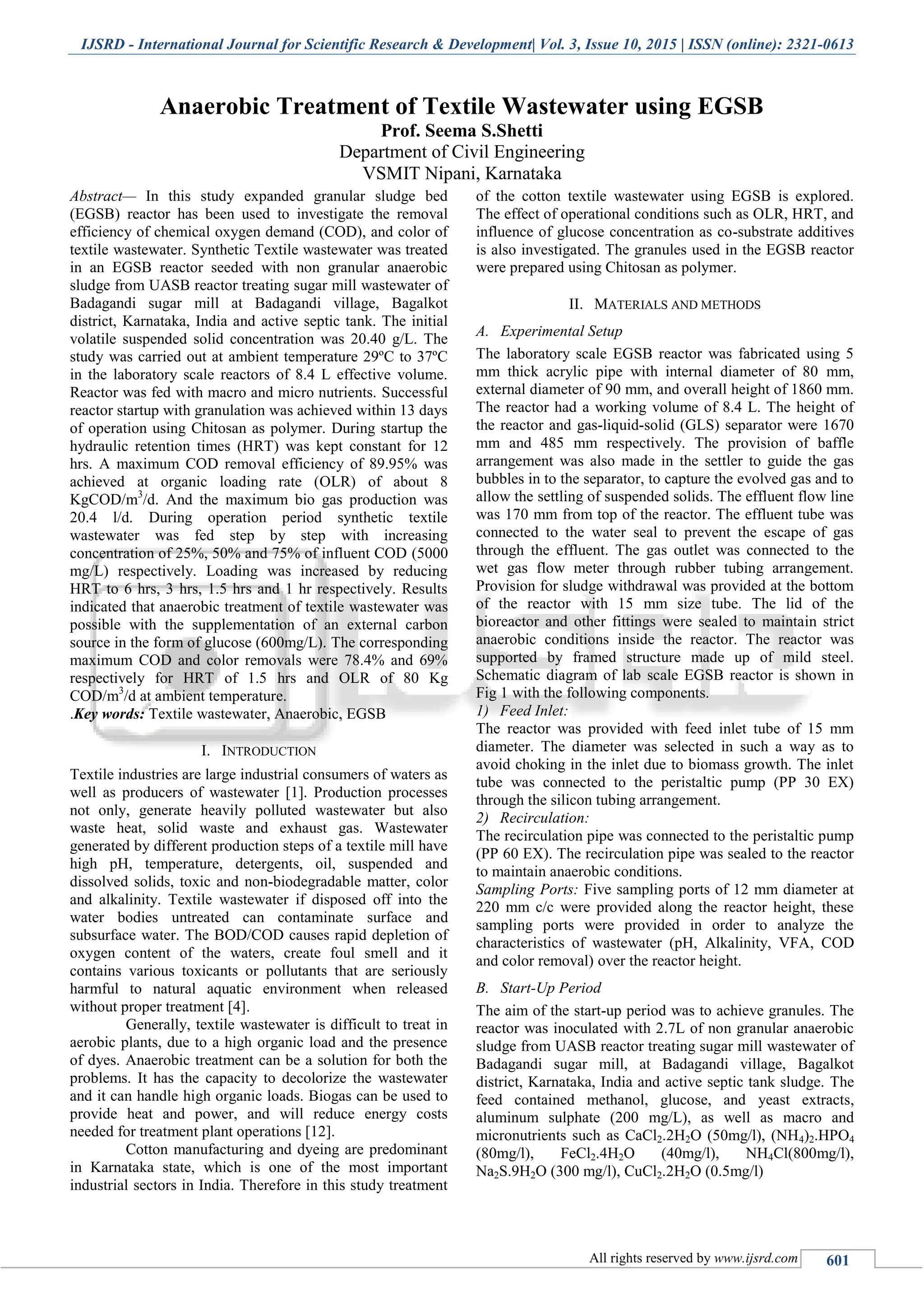 Anaerobic Treatment of Textile Wastewater using EGSB | PDF