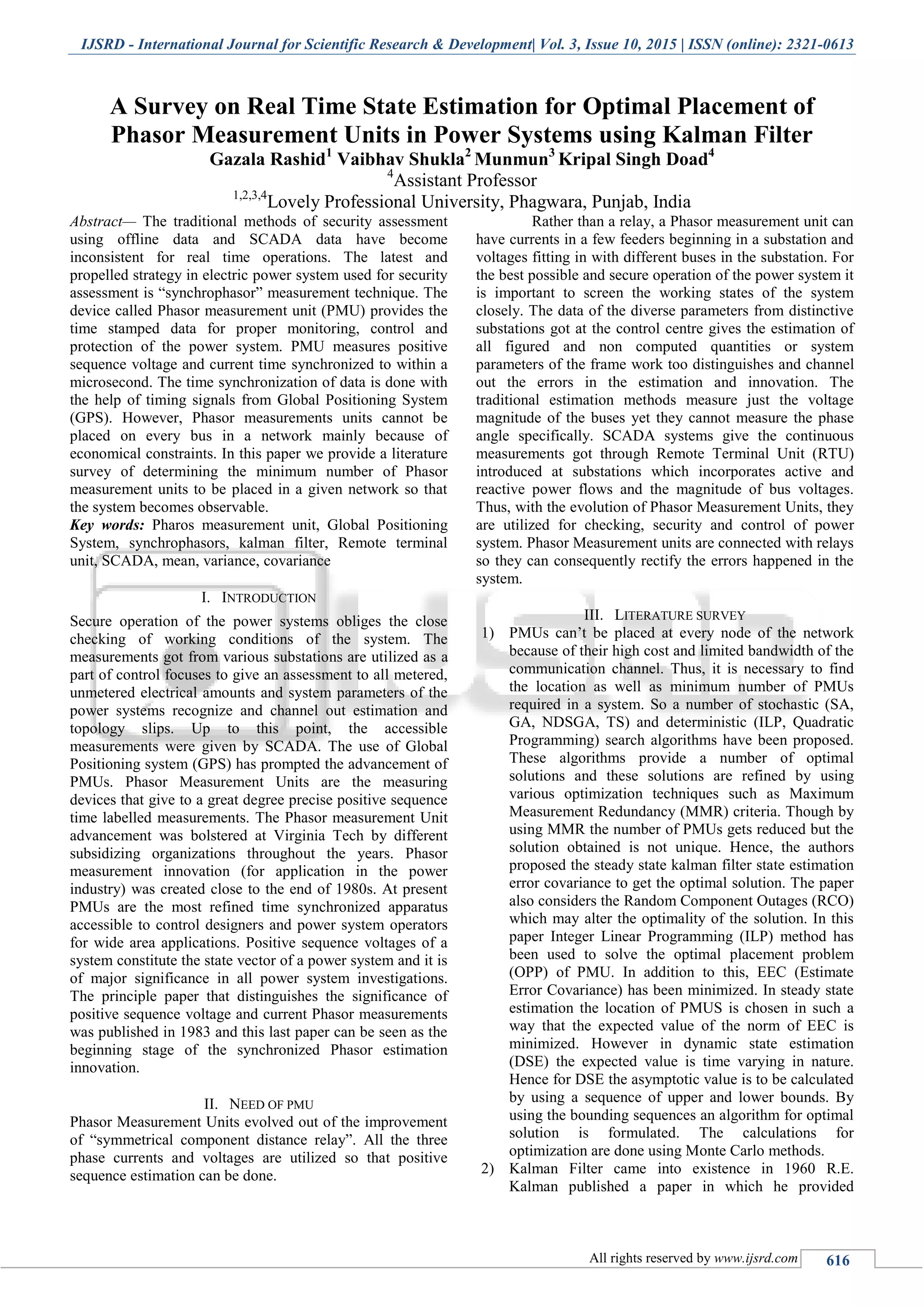 A Survey On Real Time State Estimation For Optimal Placement Of Phasor Measurement Units In