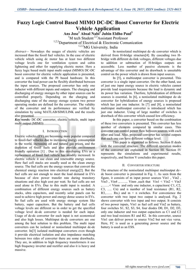 Fuzzy Logic Control Based MIMO DC-DC Boost Converter for Electric Vehicle Application | PDF