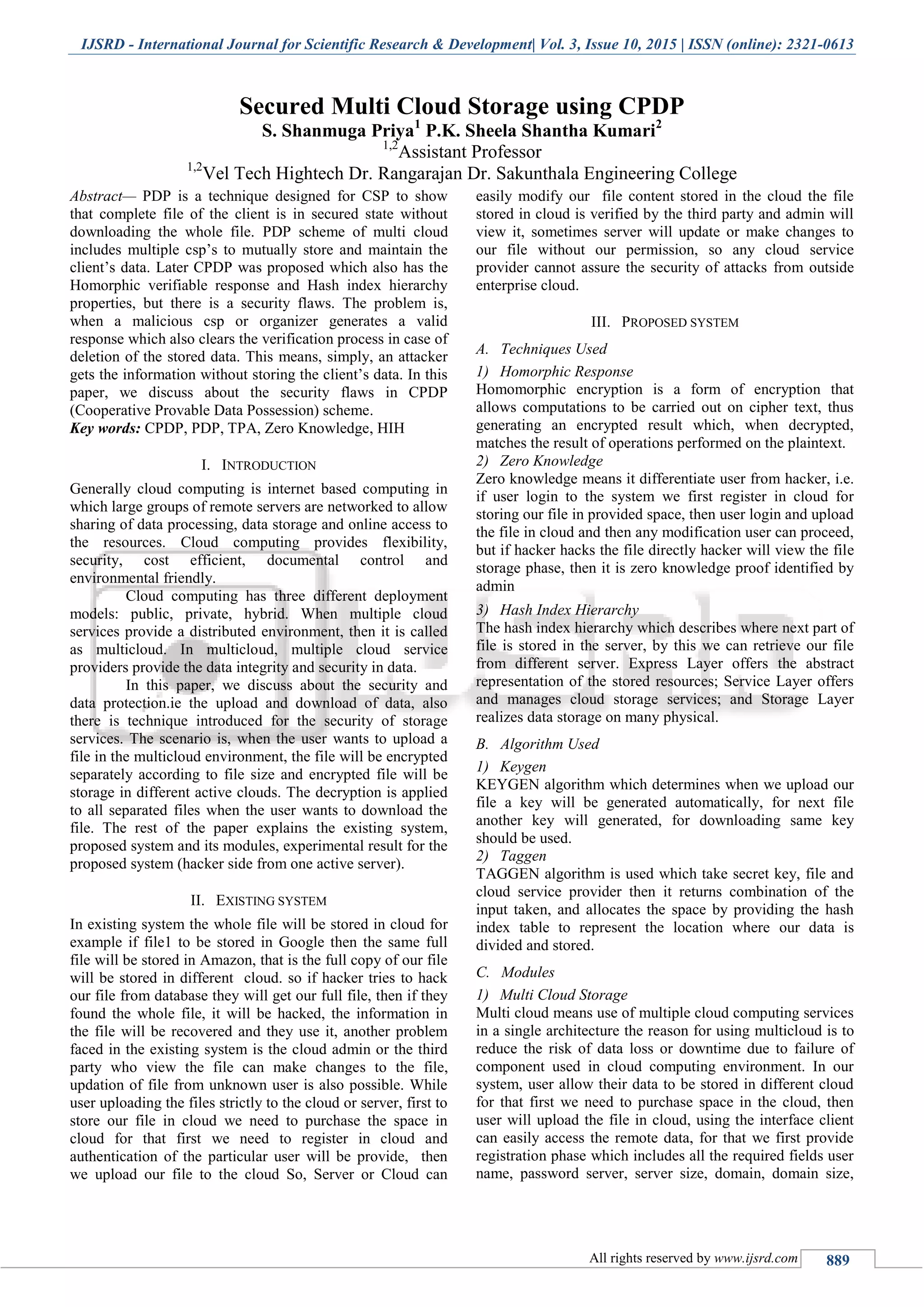 Secured Multi Cloud Storage Using CPDP | PDF