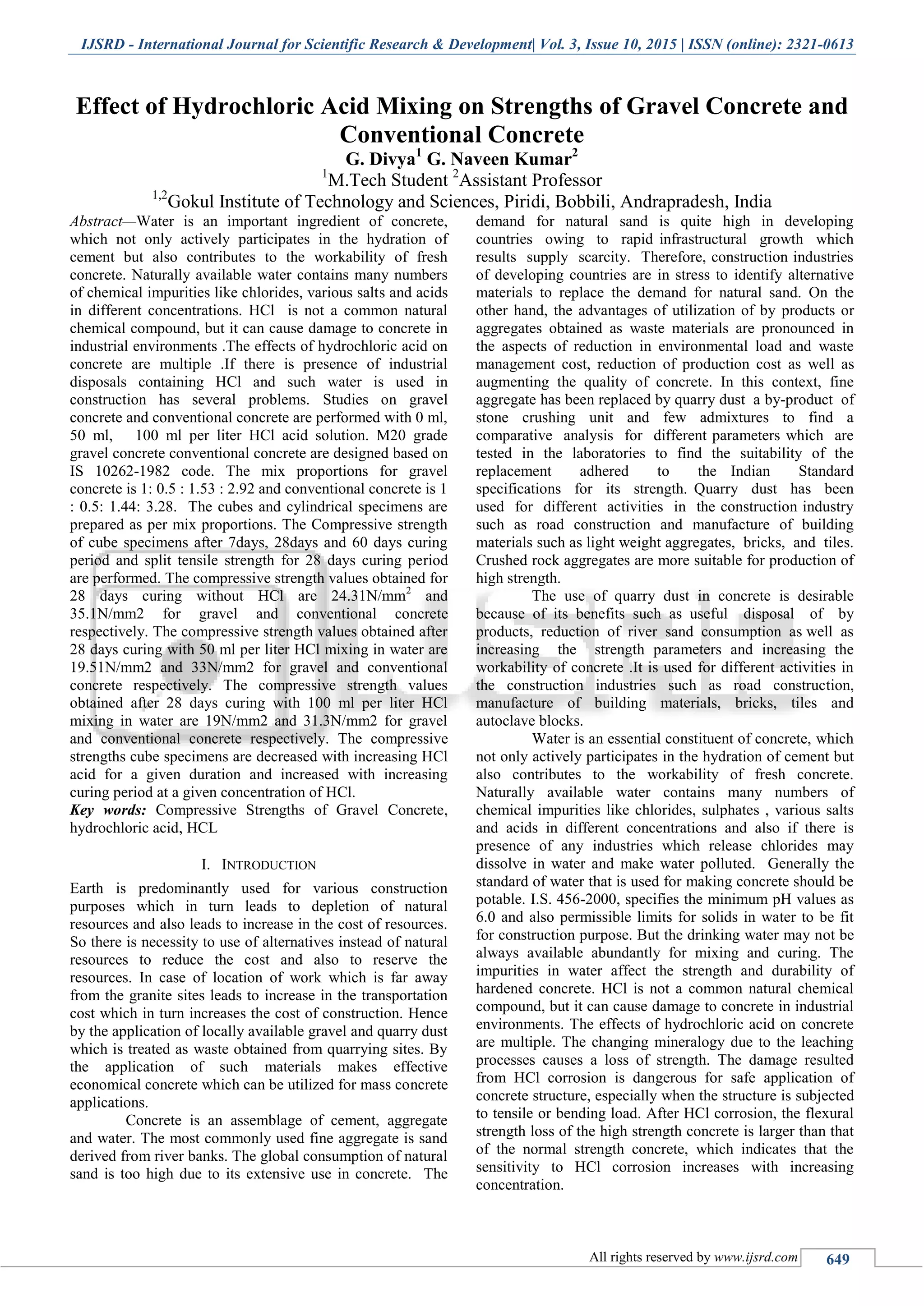 Effect of Hydrochloric Acid Mixing On Strengths of Gravel Concrete and ...