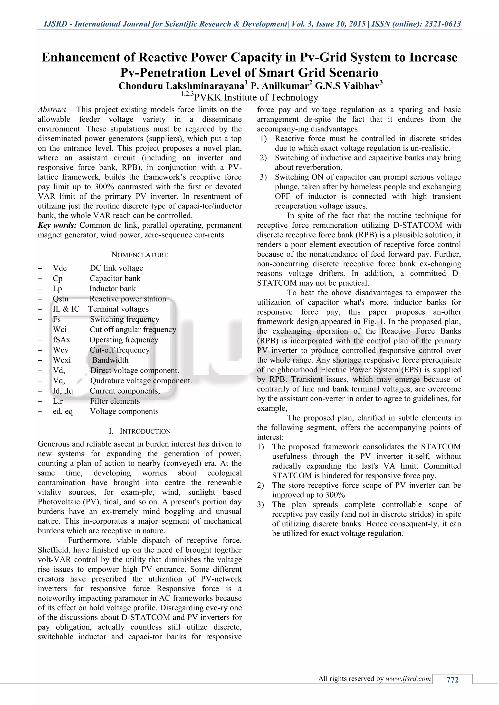 Enhancement Of Reactive Power Compensation In Pv Grid System To