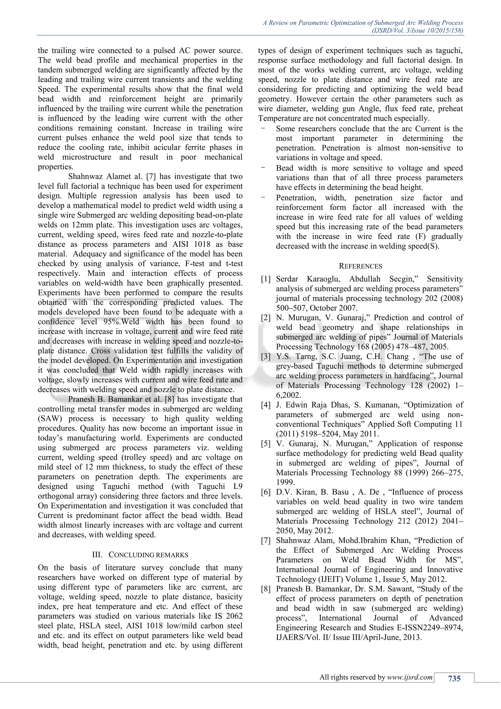 A review on Parametric Optimization of Submerged arc welding process | PDF