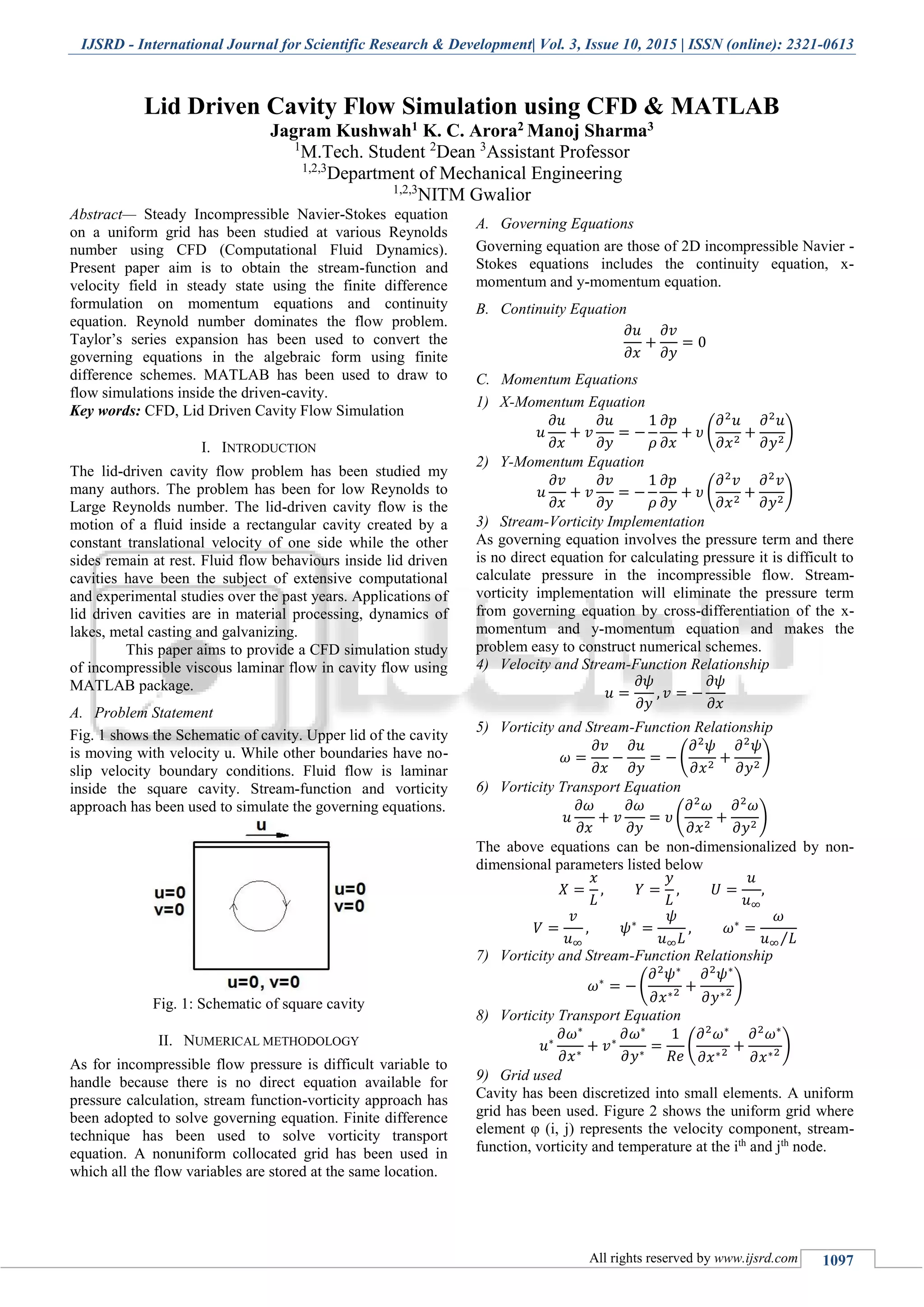 Lid Driven Cavity Flow Simulation Using Cfd And Matlab Pdf