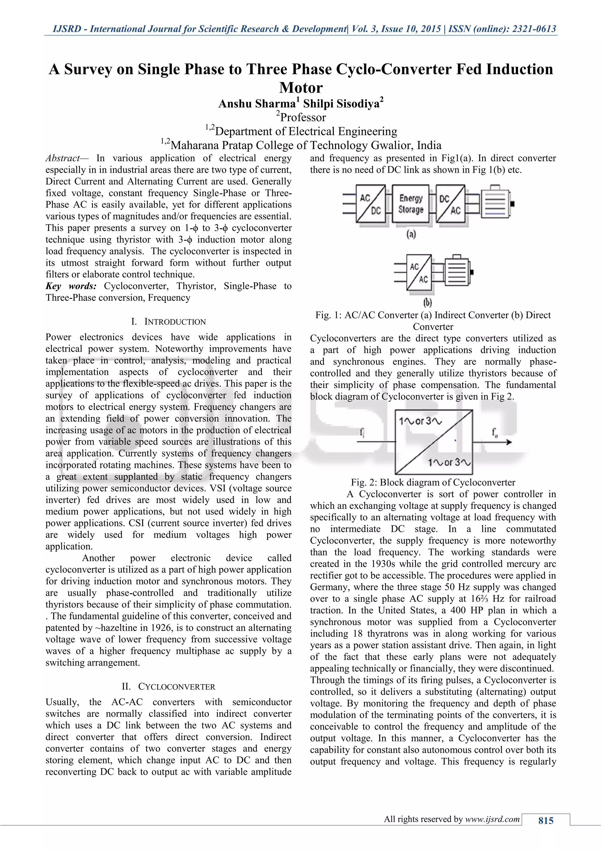 A survey on Single Phase to Three Phase Cyclo-Converter fed Induction Motor | PDF