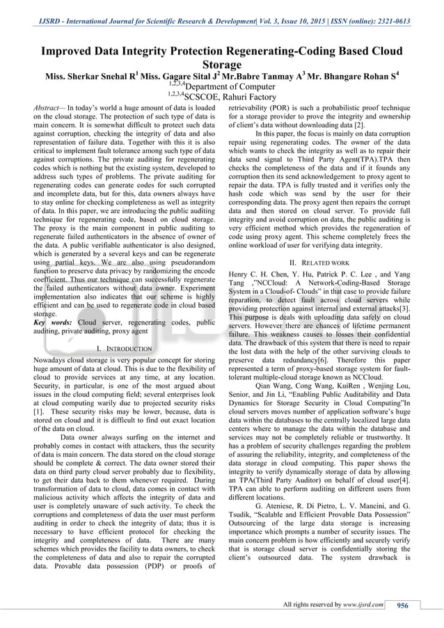 Improved Data Integrity Protection Regenerating-Coding Based Cloud Storage | PDF