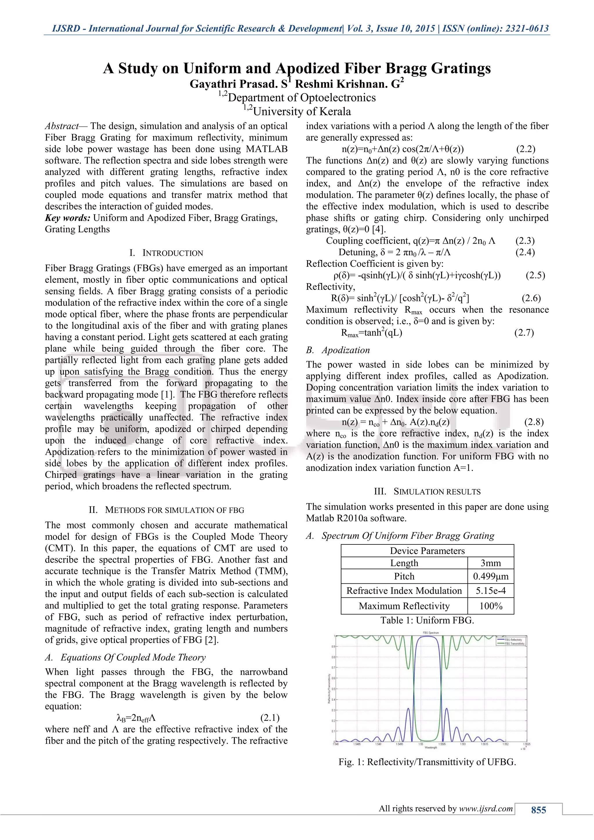 A Study on Uniform and Apodized Fiber Bragg Gratings | PDF