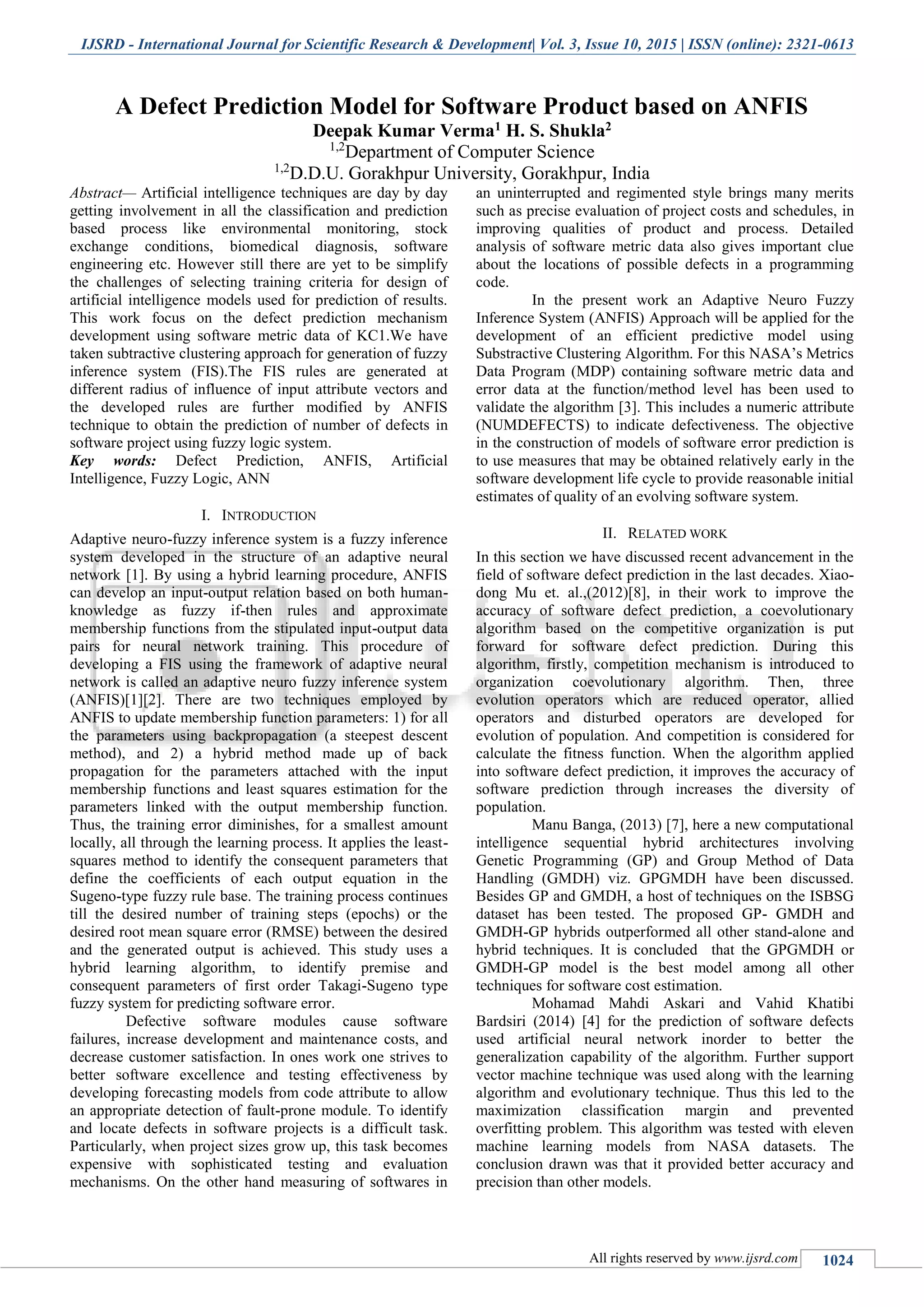 A Defect Prediction Model for Software Product based on ANFIS | PDF