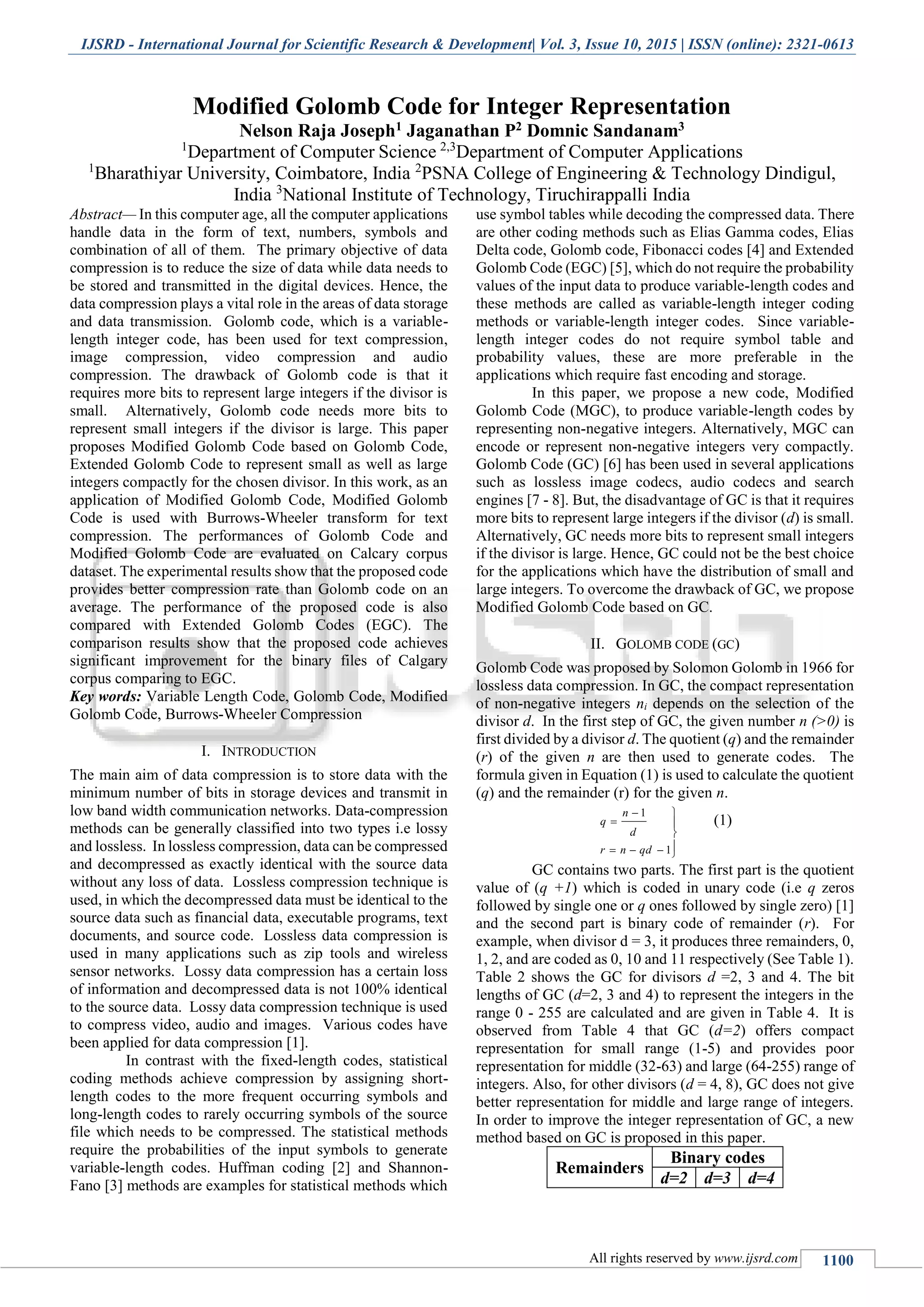 Modified Golomb Code For Integer Representation | PDF | Programming Languages | Computing