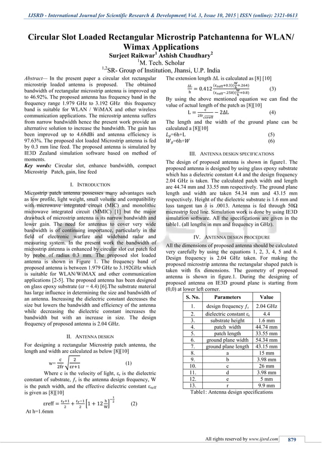 Circular Slot Loaded Rectangular Microstrip Patch Antenna For WLAN / WiMax Applications | PDF