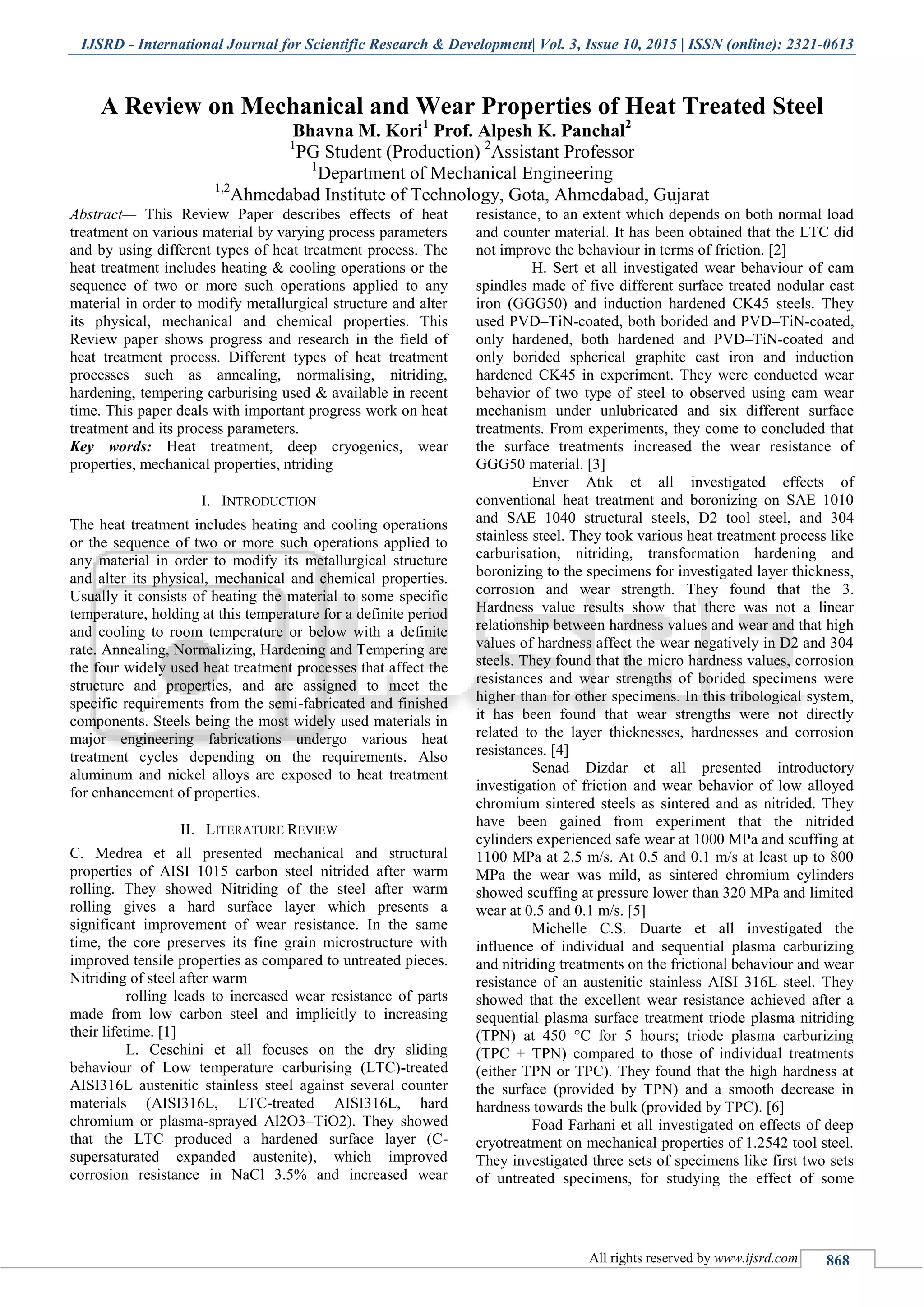 A Review on Mechanical and Wear Properties of Heat Treated Steel | PDF