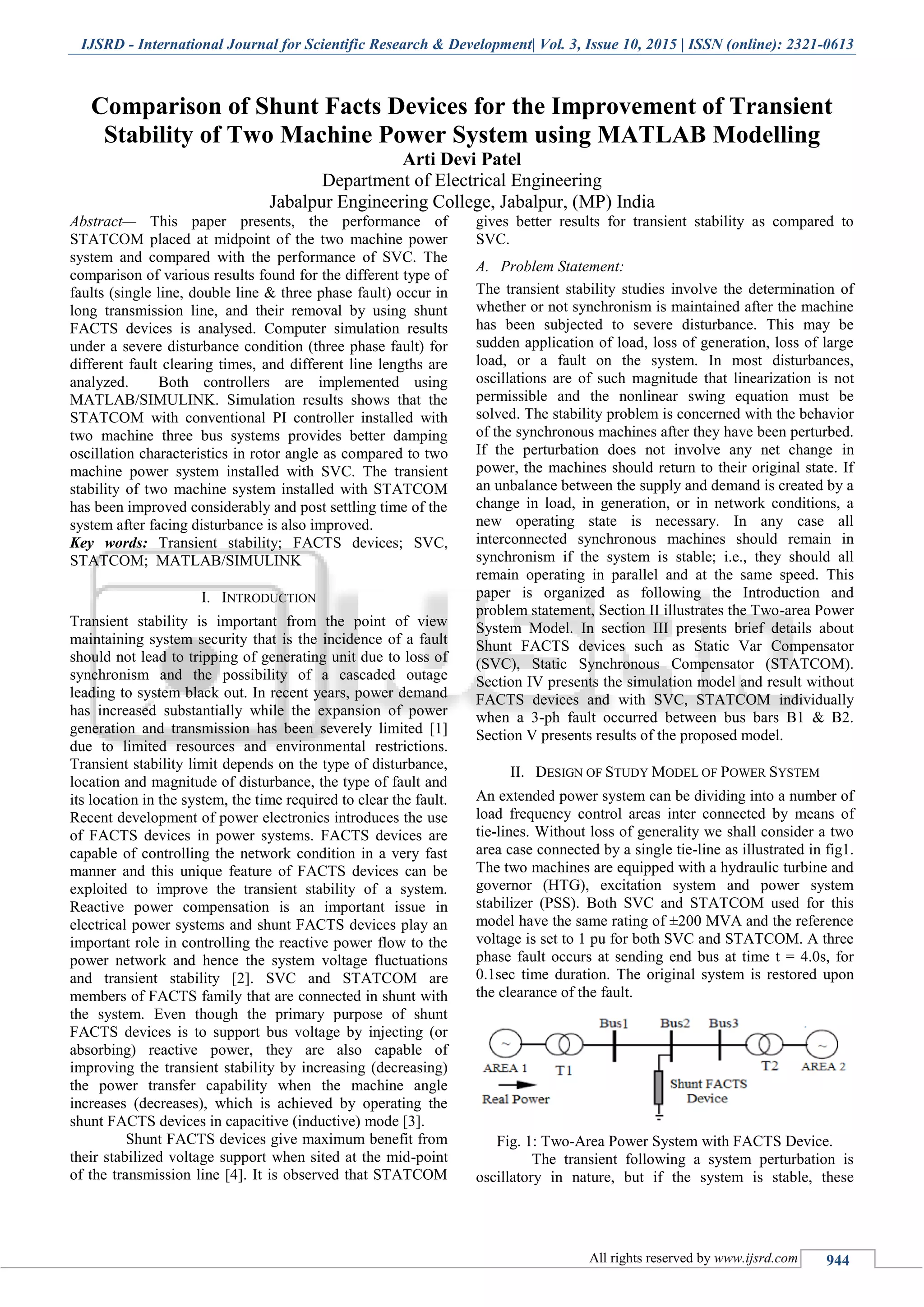 Comparison of Shunt Facts Devices for the Improvement of Transient Stability of Two Machine ...