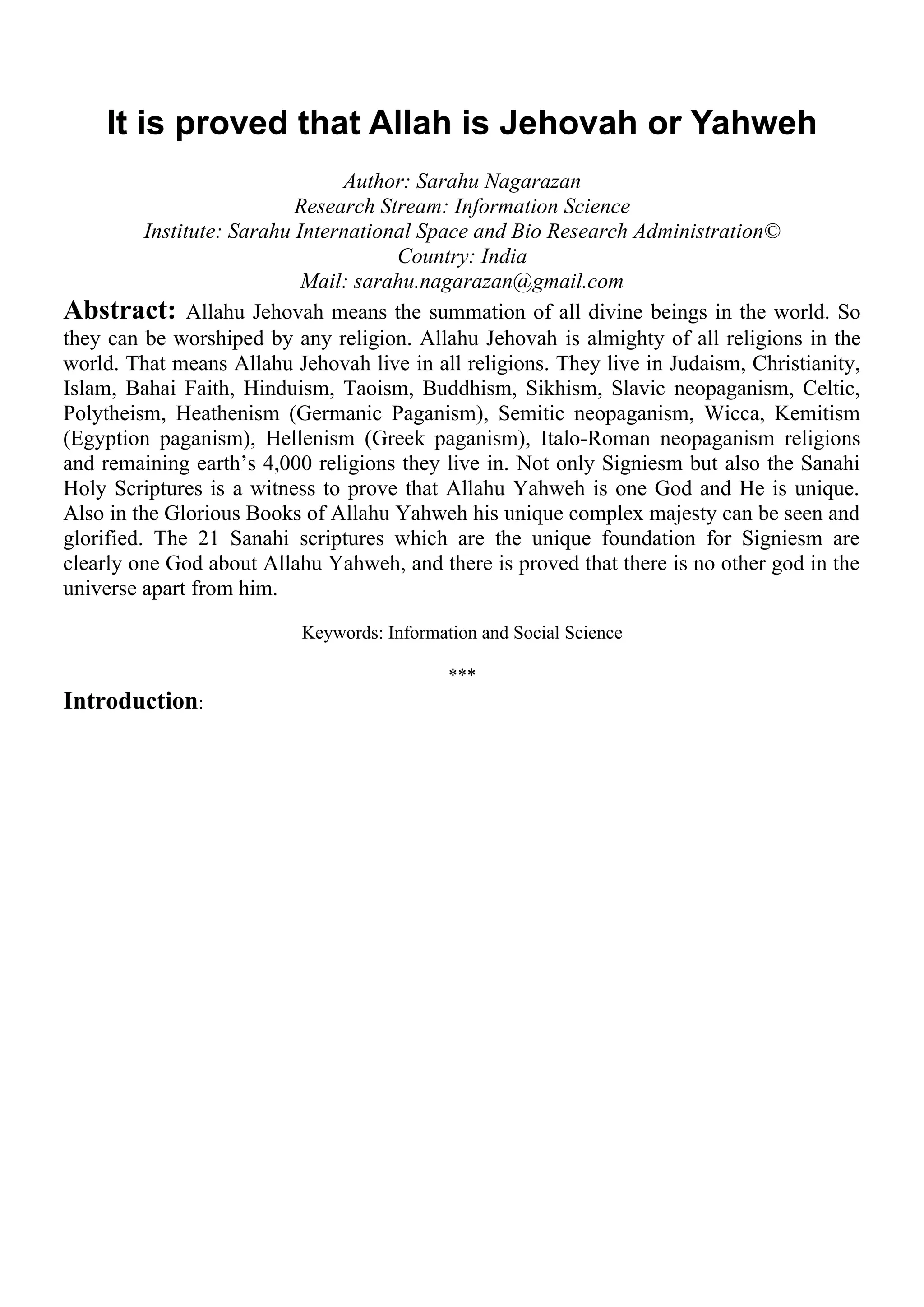 It is proved allah is jehovah mean Allahu Jehovah or Allahu Yahweh | PDF