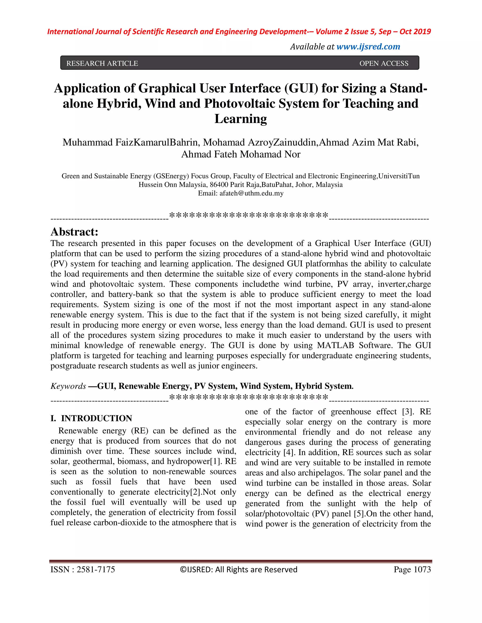 Application of Graphical User Interface (GUI) for Sizing a Stand-alone ...