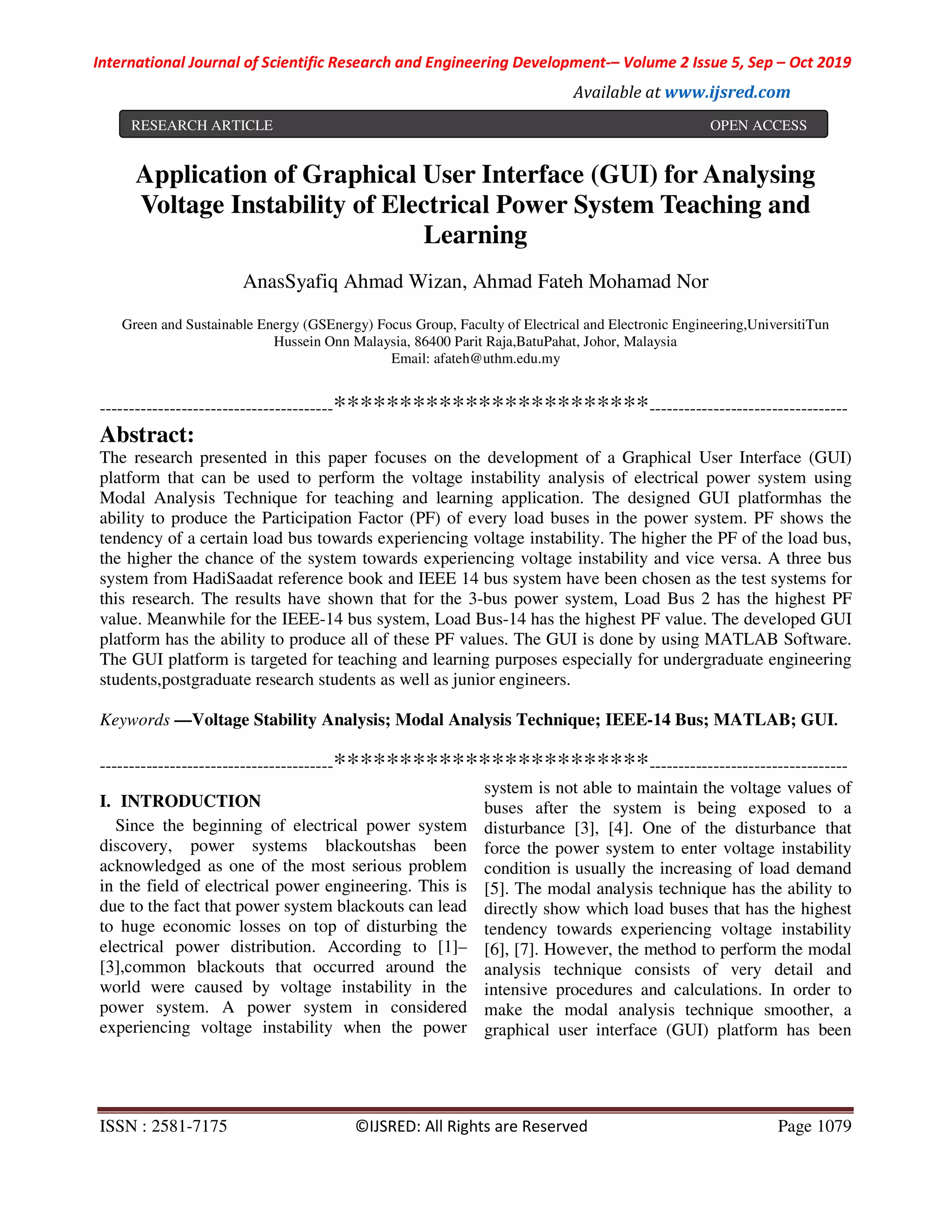 Application of Graphical User Interface (GUI) for Analysing Voltage Instability of Electrical ...