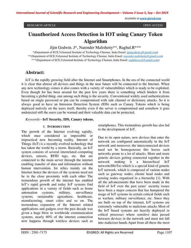 Unauthorized Access Detection In Iot Using Canary Token Algorithm Pdf