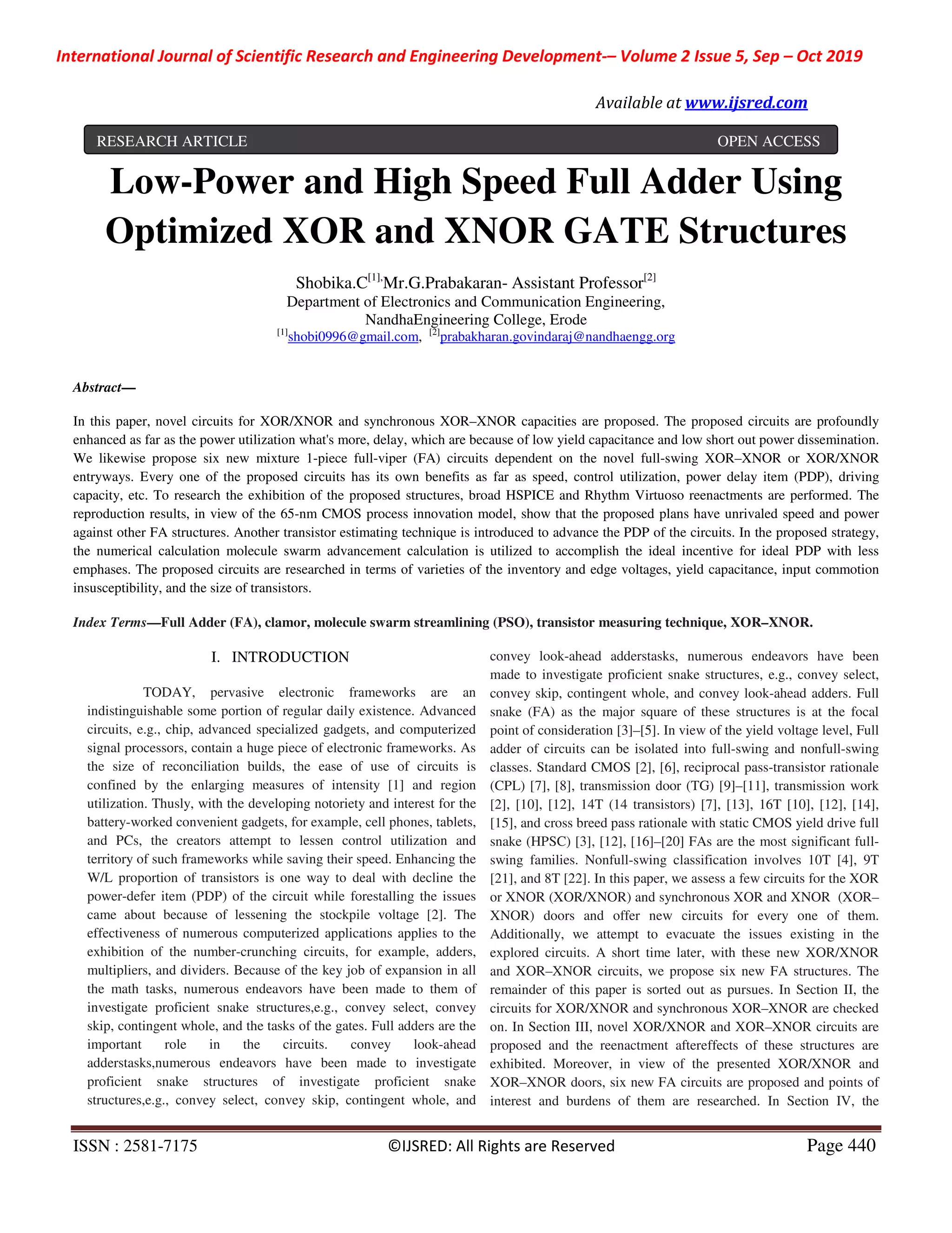 Low-Power and High Speed Full Adder Using Optimized XOR and XNOR GATE Structures | PDF