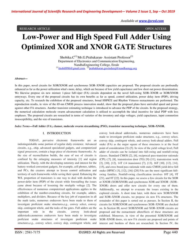 Low-Power and High Speed Full Adder Using Optimized XOR and XNOR GATE Structures | PDF