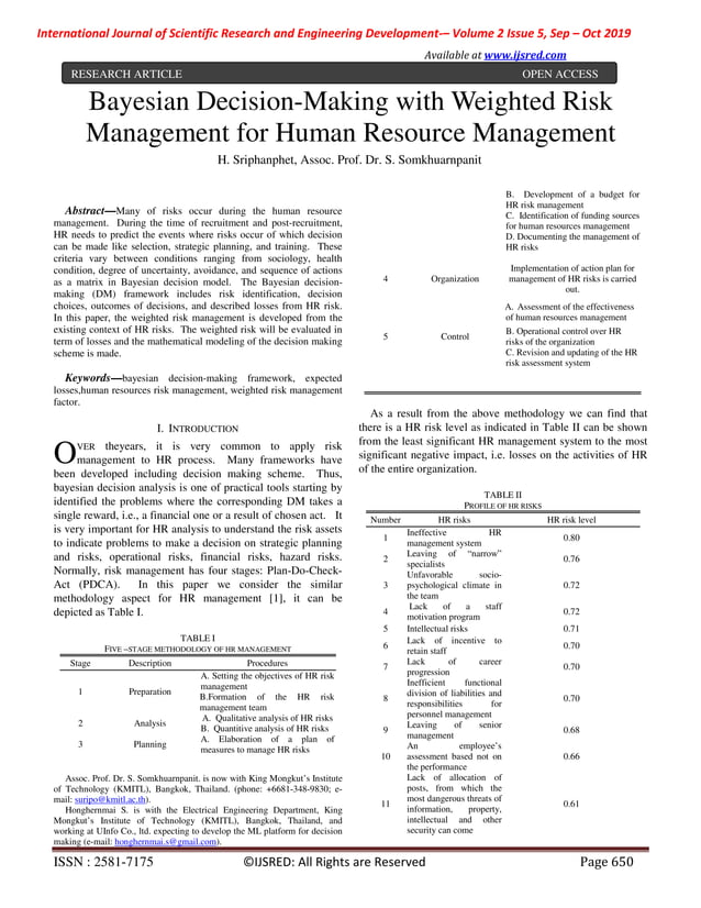 Bayesian Decision-Making with Weighted Risk Management for Human Resource Management | PDF