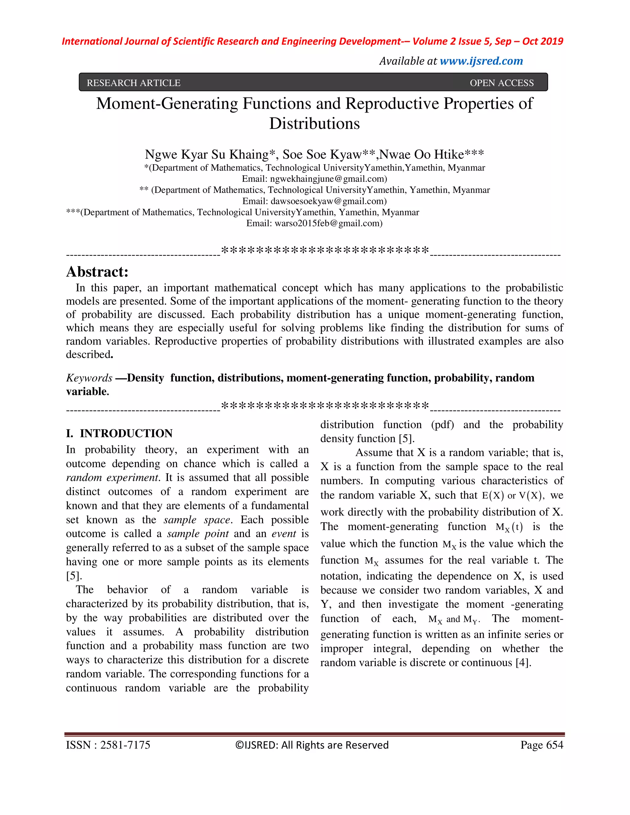 Moment-Generating Functions and Reproductive Properties of Distributions | PDF