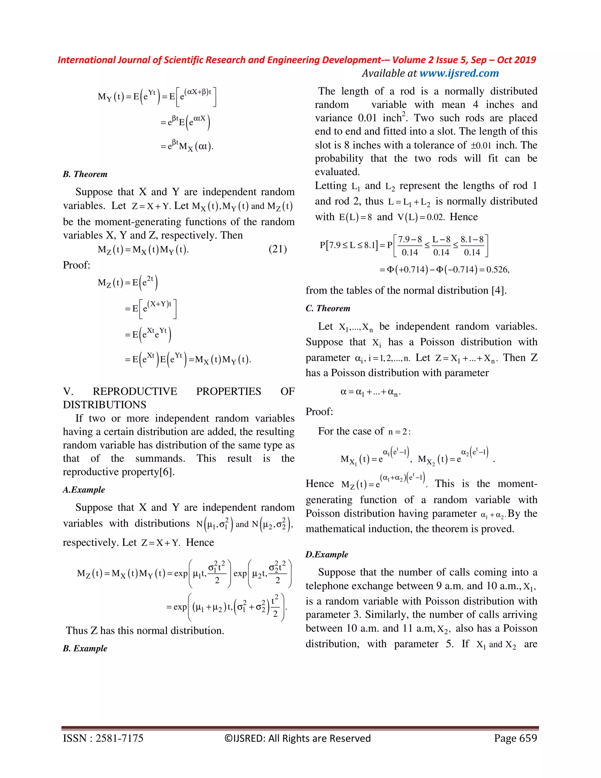Moment Generating Functions And Reproductive Properties Of
